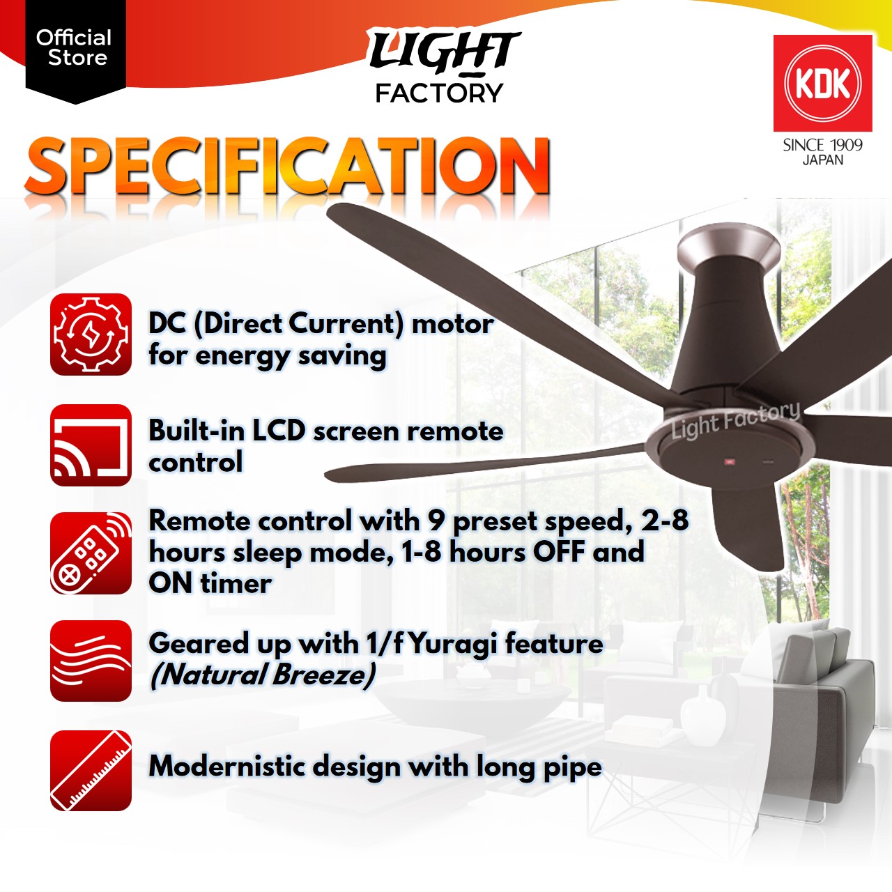 KDK K15YX-QBR K15YX-RBR 60" 5 Blades DC Motor Ceiling Fan with 9 Speed ...