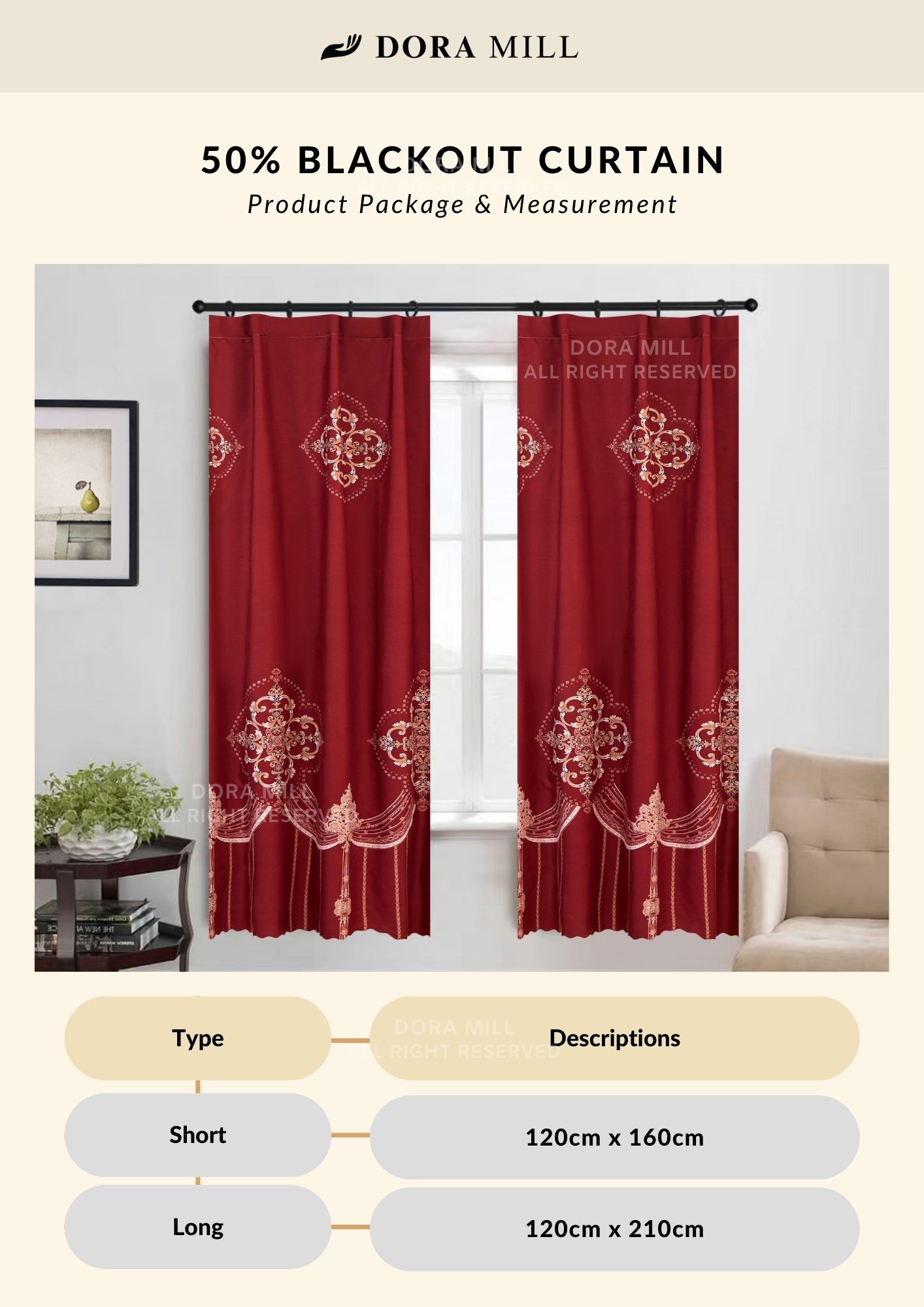 DORAMILL Curtain Langsir Semi Blackout 2in1 Hook & Rod Langsir Pintu ...