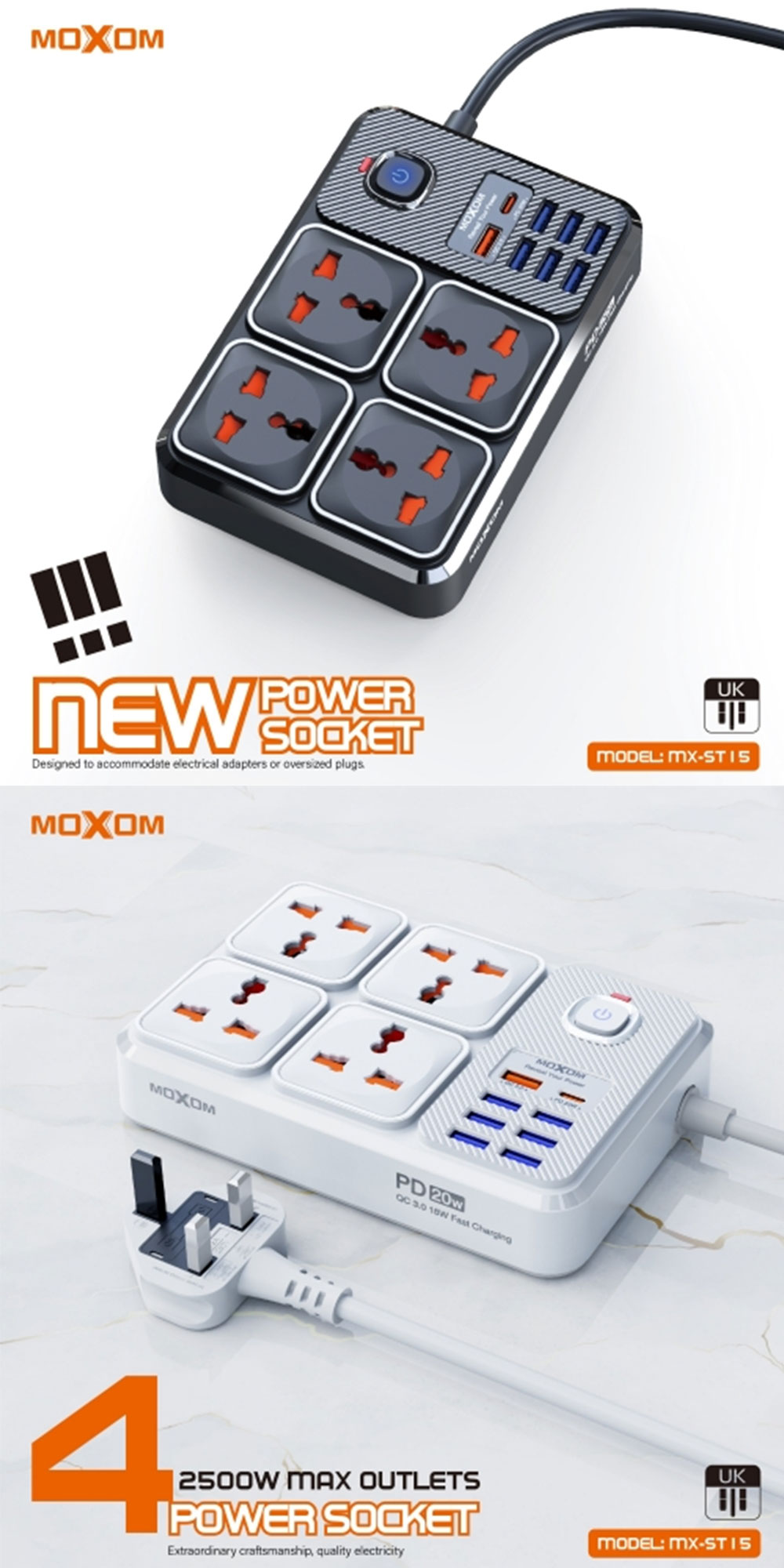 Moxom MX-ST15 ( ST15 ) PD20W/QC18W 12in1 UK Plug Power Strip 2M/3M with ...