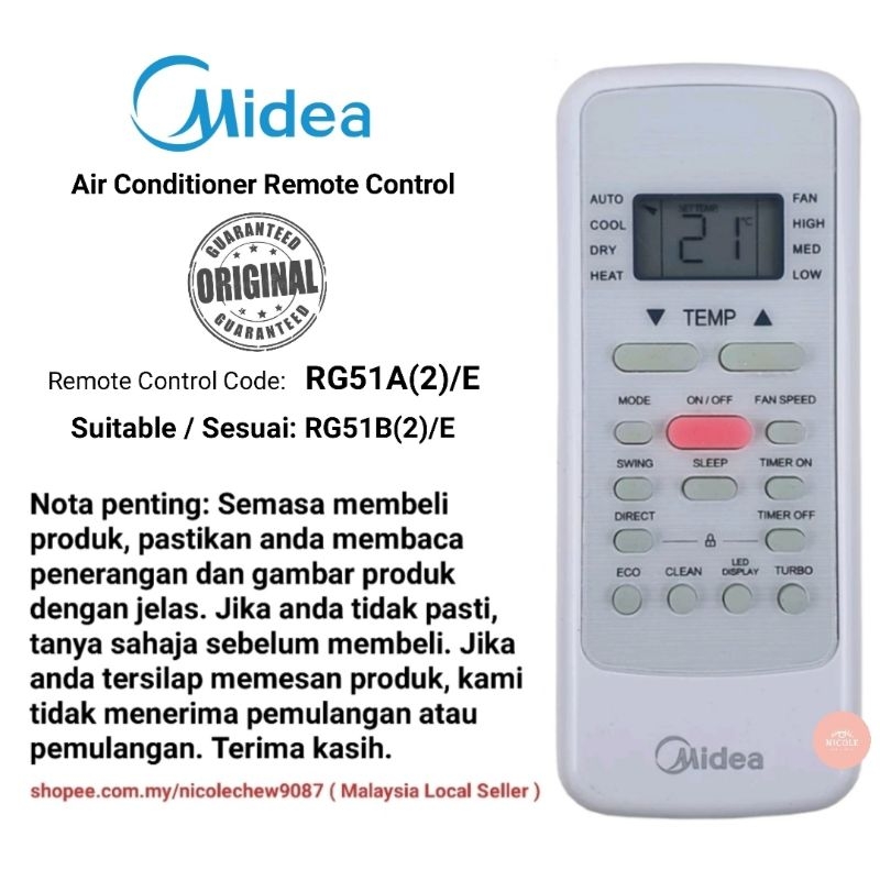 Original Midea Air conditioner Remote Control RG51A(2) | Shopee Malaysia