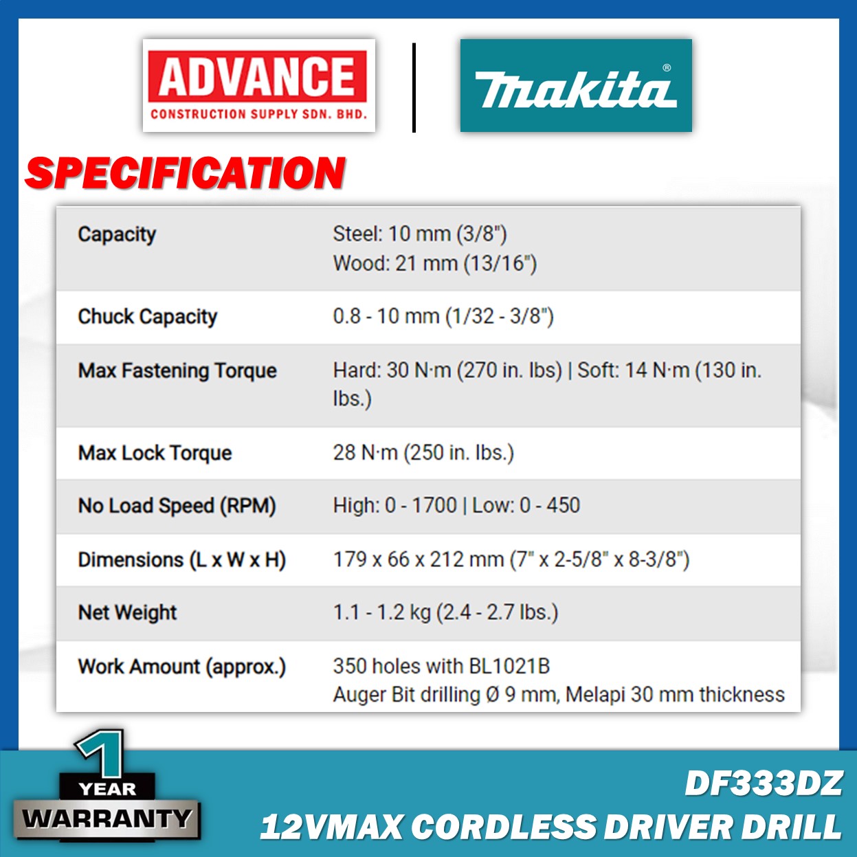 🔥SUPER VALUE🔥 MAKITA DF333DZ / DF333DWYE / DF333DWAE 12V Cordless ...