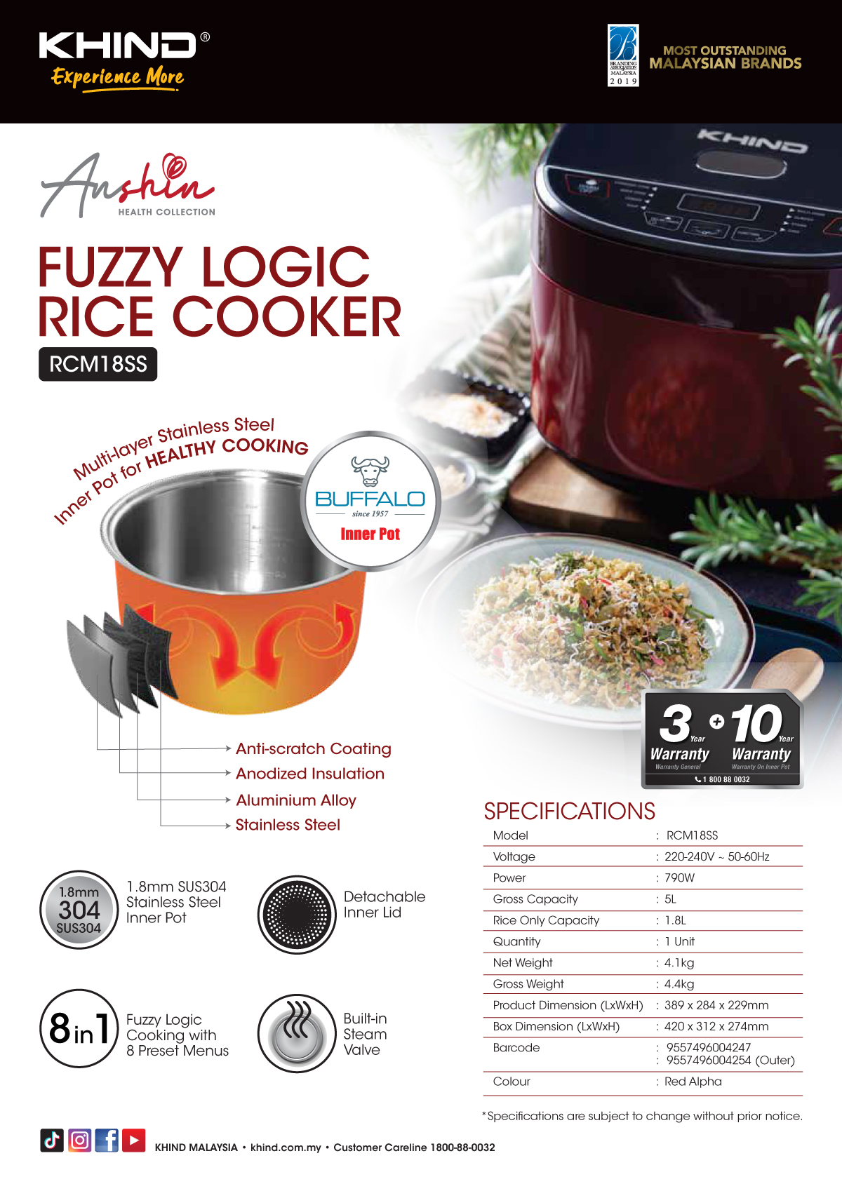 Khind RCM18SS 1.8L Anshin Fuzzy Logic Rice Cooker Periuk Nasi With ...