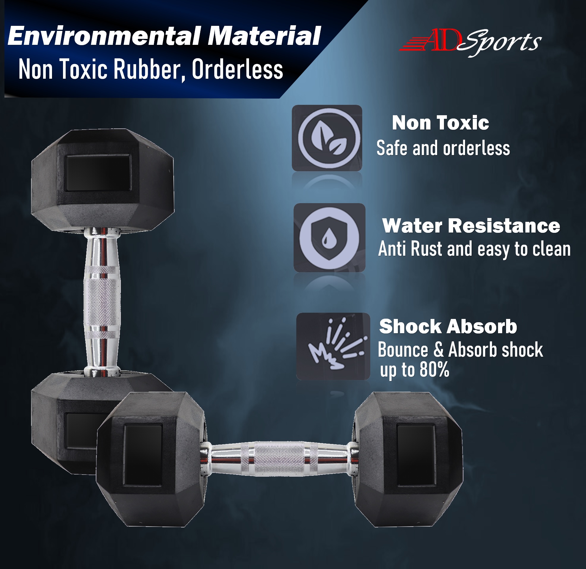 ADSports Commercial Grade 1 Unit 2.5/5/7.5/10/12.5kg Hexagon Dumbbell Rubber Coated With Iron ...