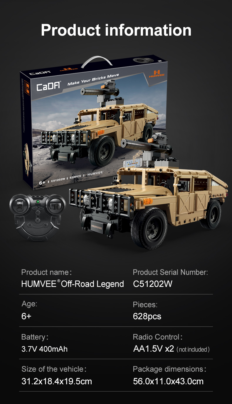 CaDA Humvee Off-Roader 1:14 C51202W RC Block Toy Set (628 Pieces ...