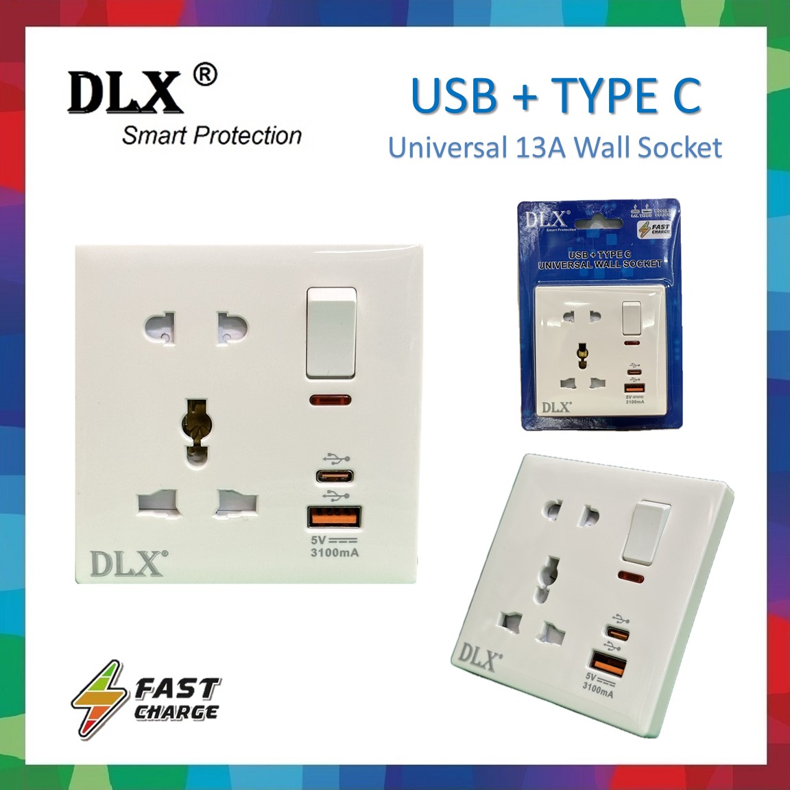 DLX / KKMAX 13A Universal Switch Socket USB Port Type C Fast Charging ...