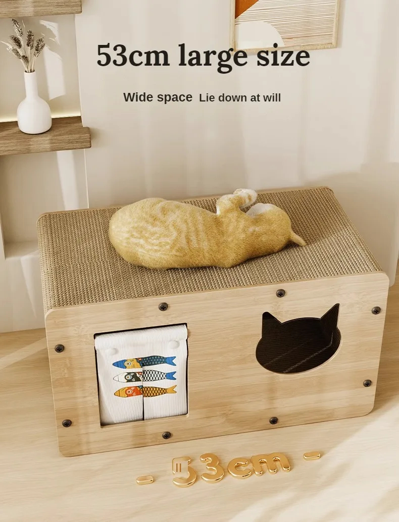 Large Cat Scratching Board House with Curtain Indoor Wooden Double ...