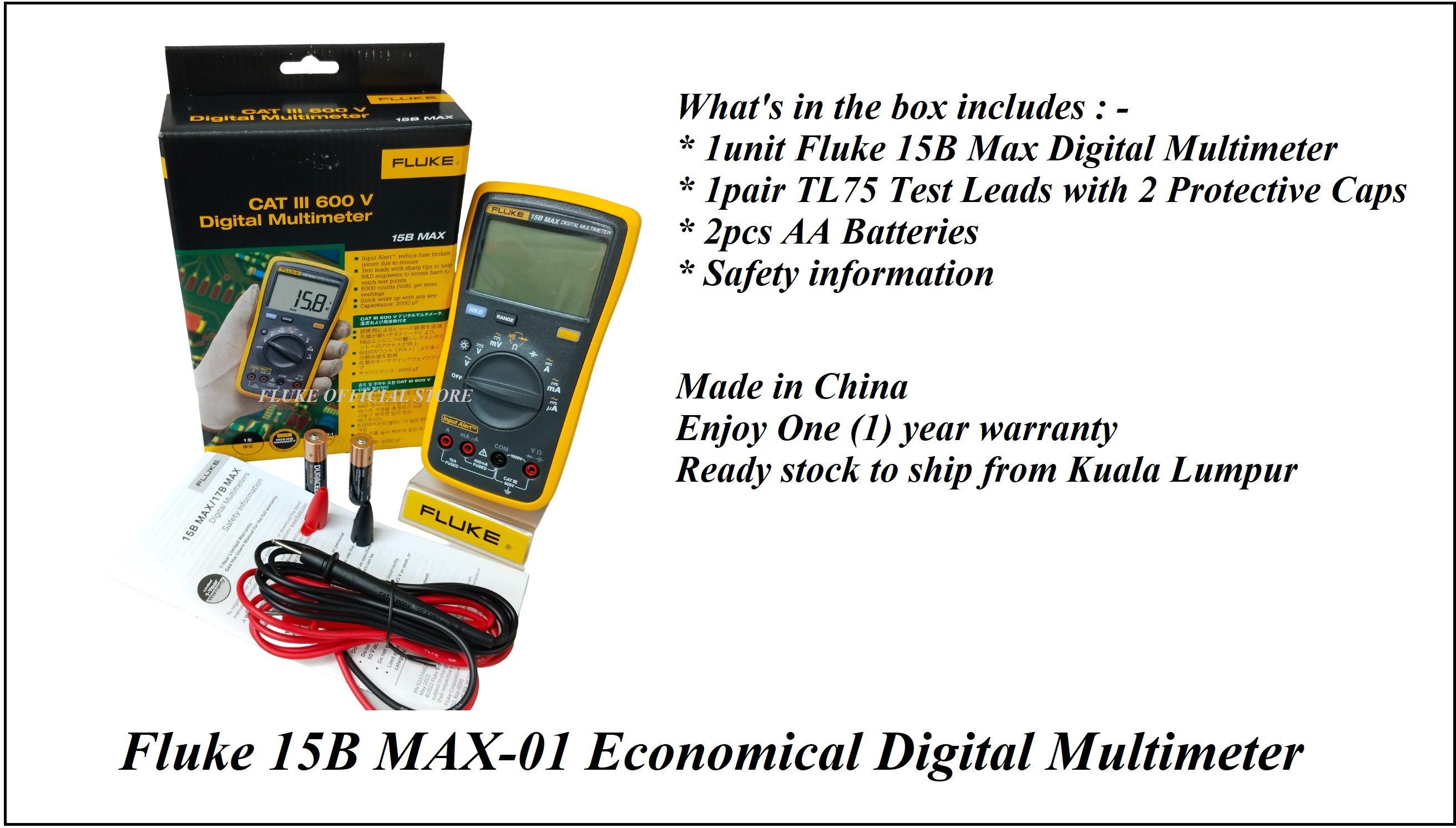 Fluke 15B MAX-01/MAX-02/MAX-KIT Economical Digital Multimeter; Voltage: 6000-count reading ...
