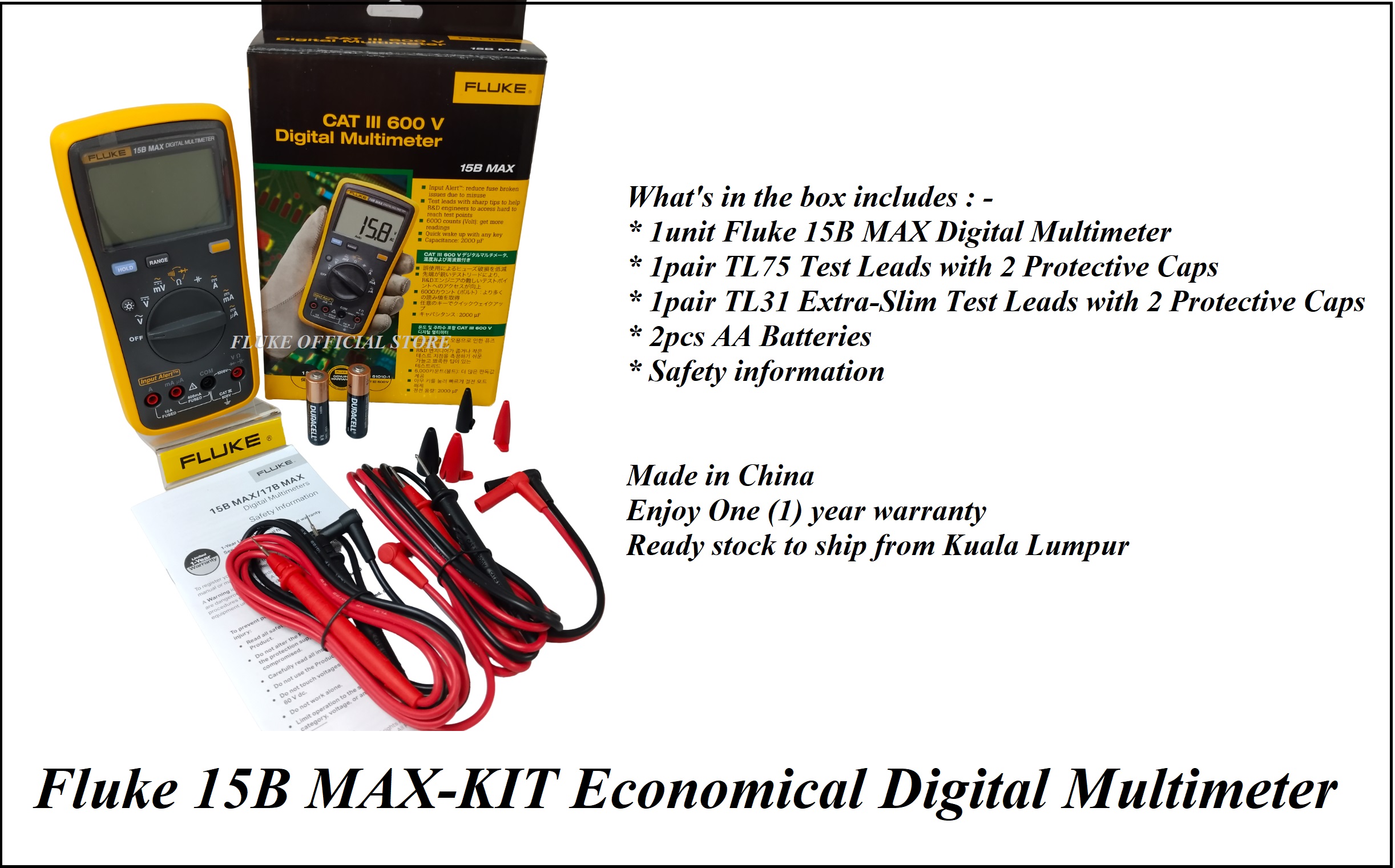 Fluke 15B MAX-01/MAX-02/MAX-KIT Economical Digital Multimeter; Voltage: 6000-count reading ...