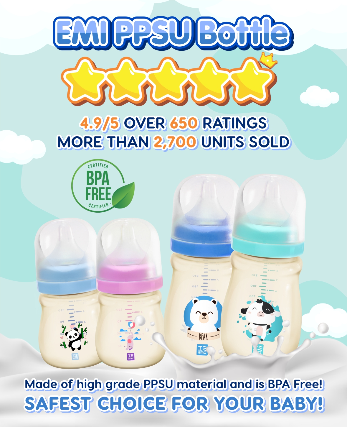 EMI PPSU Bottle Anti Colic BPA Free Wide Neck Baby Feeding Bottle Botol Susu Newborn Milk Bottle ...