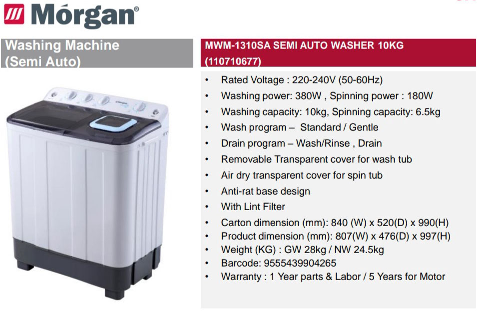 Morgan / Midea Semi Auto Twin Tub Washing Machine (6KG - 12KG) MWM ...