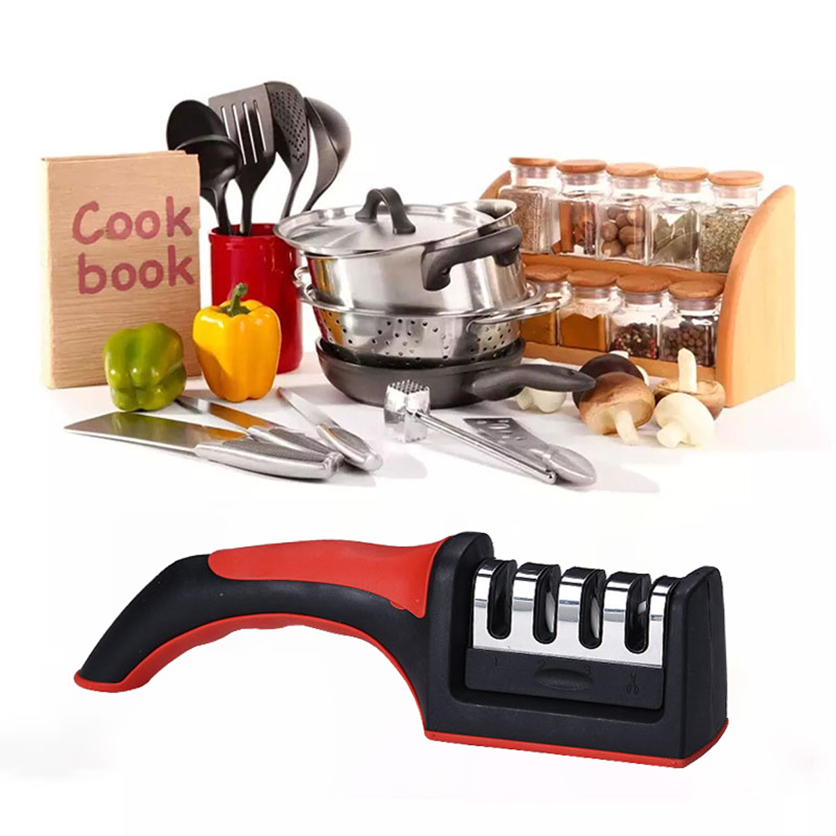 4 Section Knife Sharpener Anti Slip 304 Stainless Steel Ceramic Stone ...