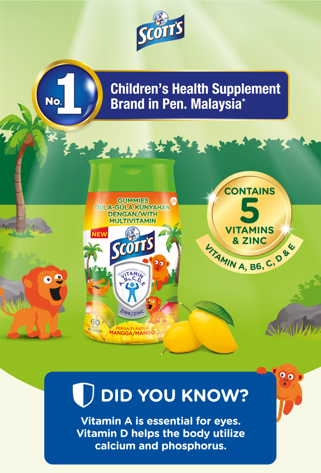 Scott's Multivitamin Gummies, Children Supplement with 5 Vitamins for ...