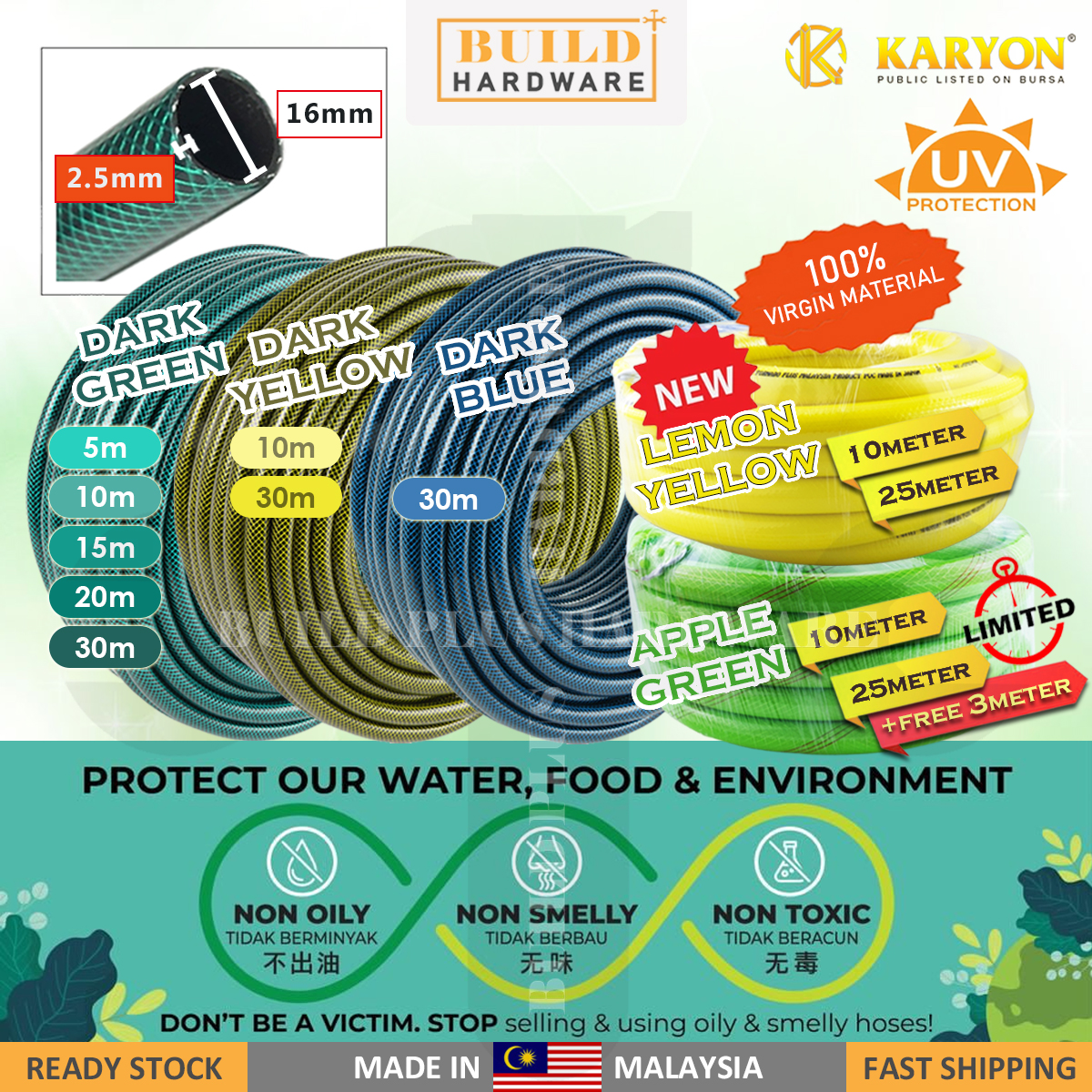 KARYON 15m/20m x 2.5mm Reinforced PVC Flexible Garden Hose Green Getah ...