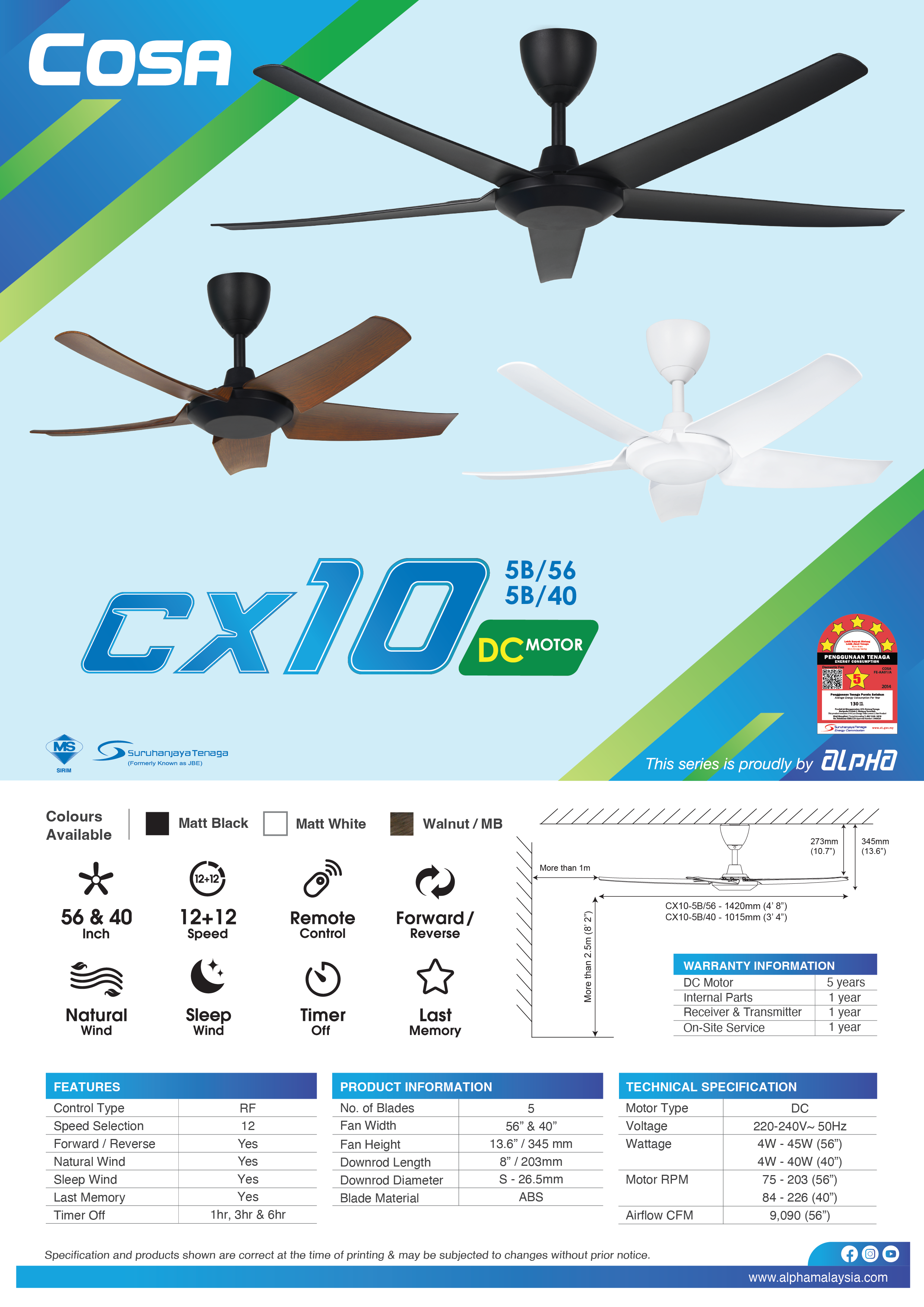 Alpha Cosa CX10 EX9 5 blade 56 46 40 ceiling fan with remote Black ...