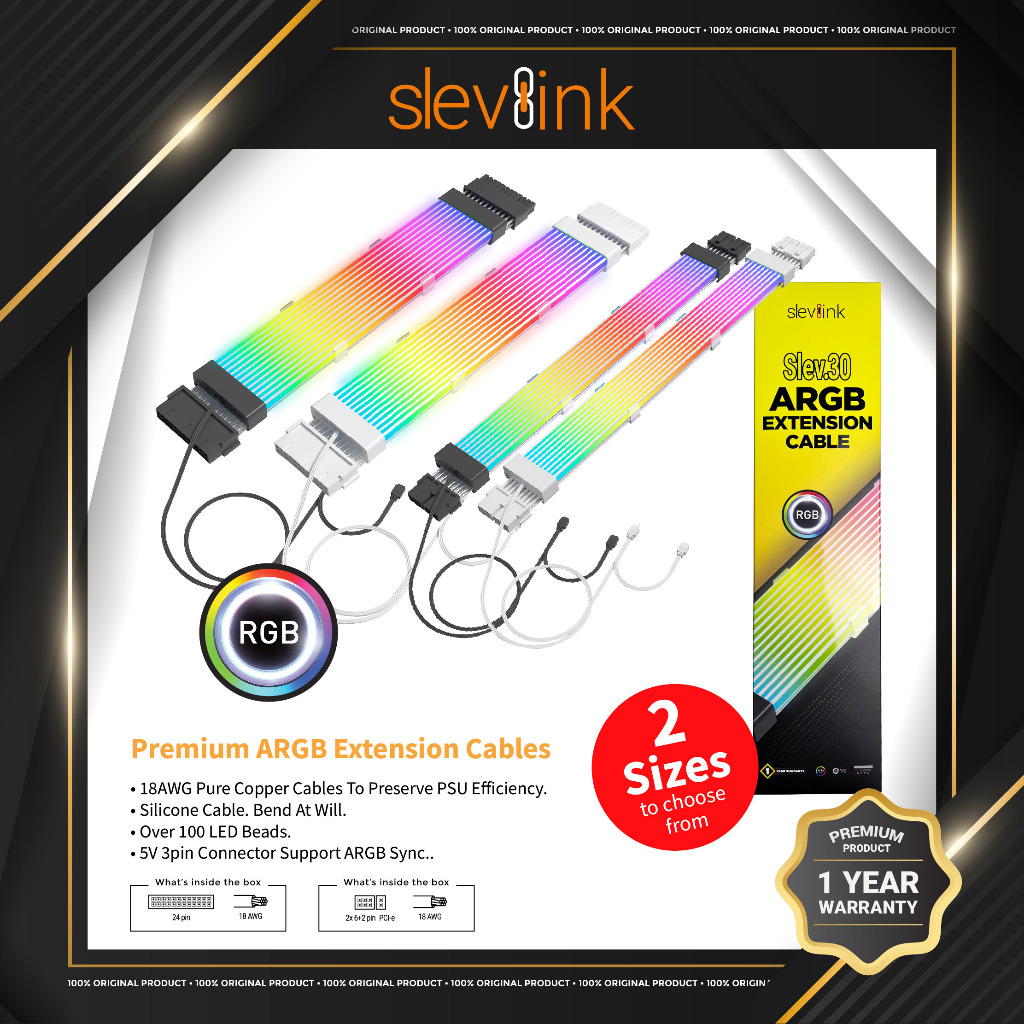 SLEVLINK SLEV.30 ARGB EXTENSION CABLE 24pin / 6+2pin - (BLACK / WHITE ...