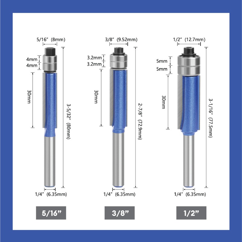 Straight Flush Trimming Router Bit Double Bearing 1/4" Shank Double ...