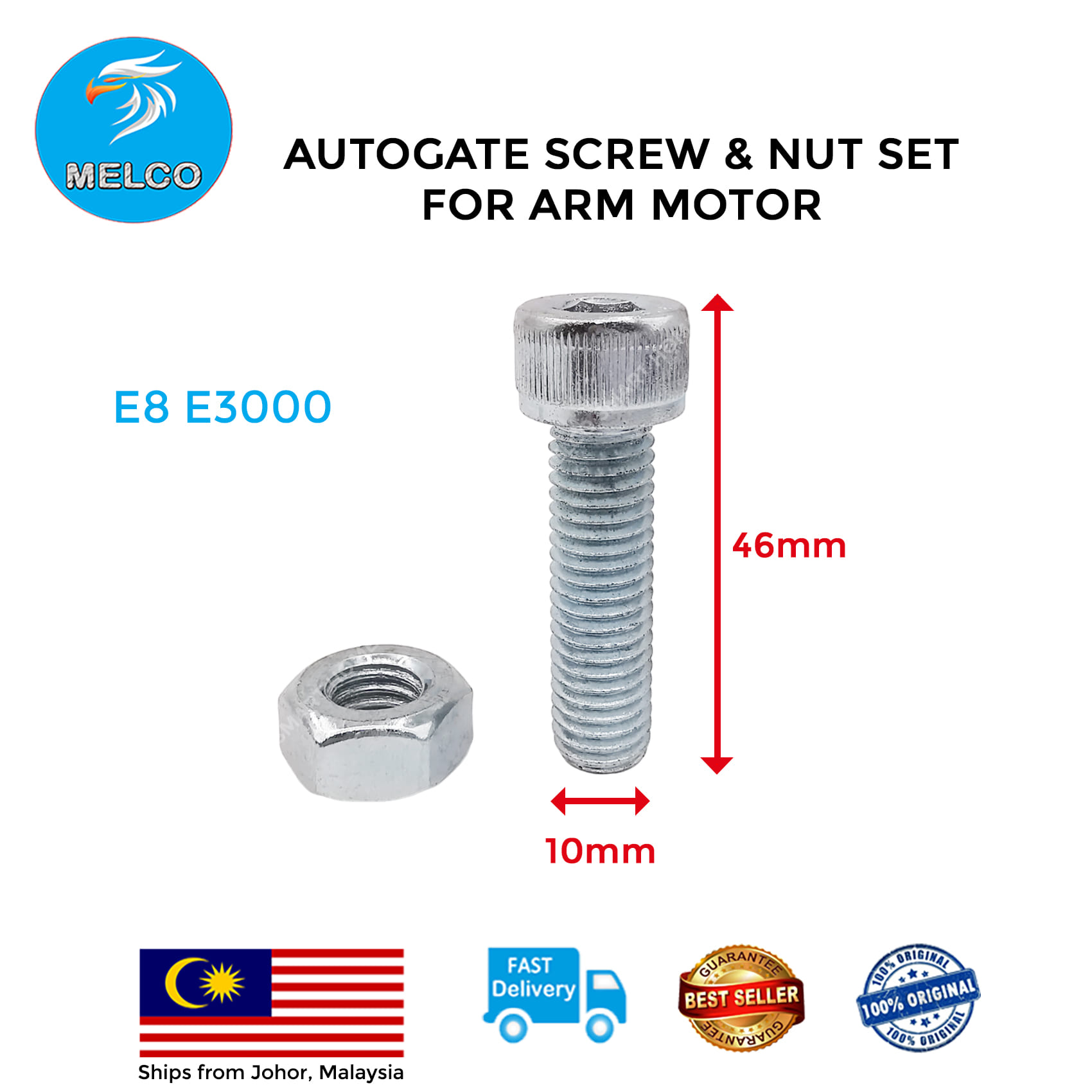 Autogate Screw & Nut for Arm Motor - Dnor 212 / Dnor 712 / OAE 333A / E3000 / E3300 / GPRO 335 ...
