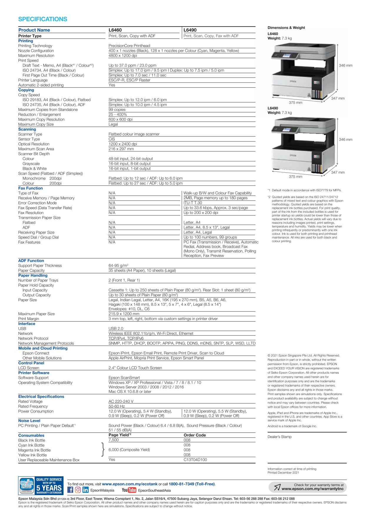 Epson EcoTank Printer L6460 L6490 A4 3in1 Refillable Ink Tank | Duplex ...