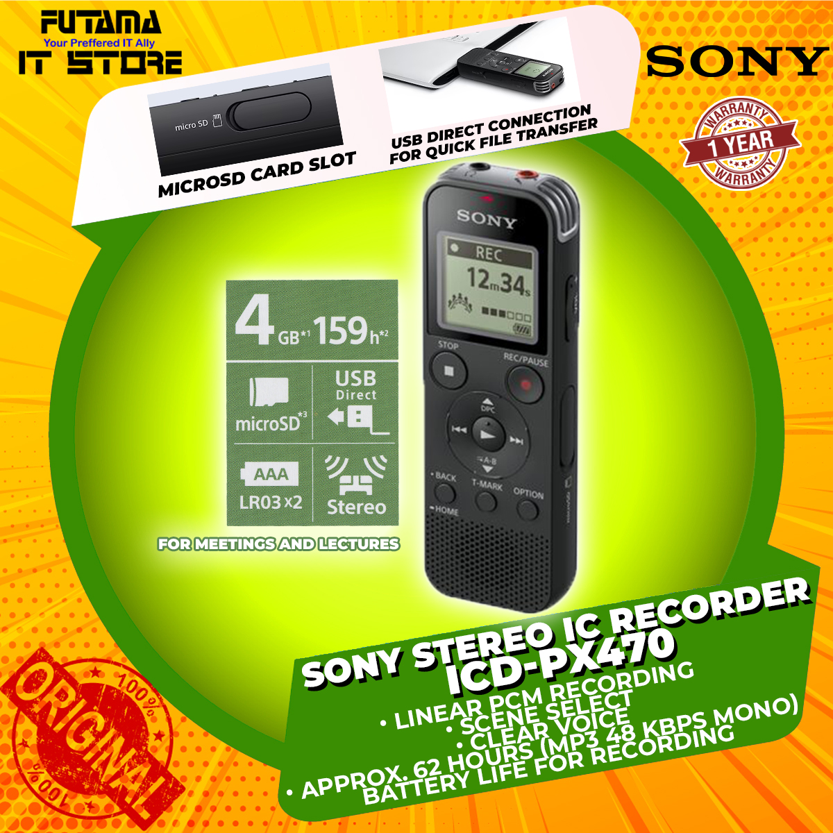 SONY PX470 Digital Voice Recorder PX Series (ICD-PX470) - For Meetings ...