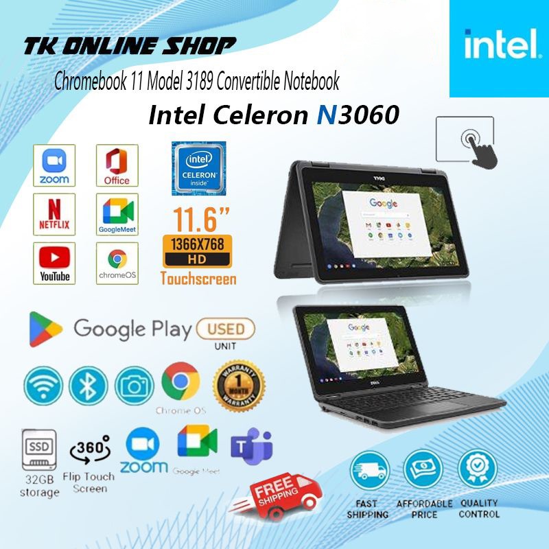 Dell Chromebook 11 3189 2 in 1 (Touch Screen + Play Store) - Intel Celeron N3060 / 4GB RAM ...