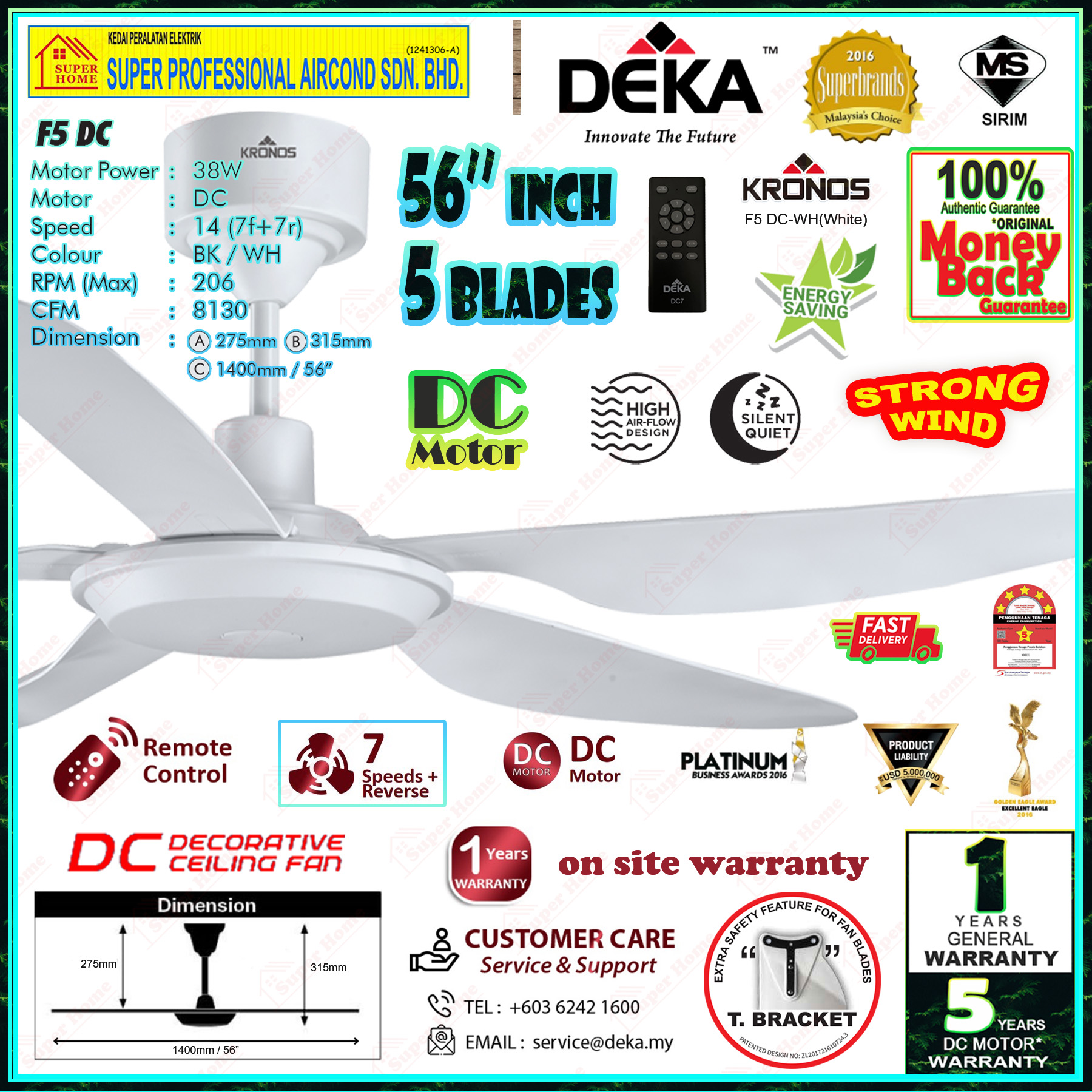 Deka Ceiling Fan XR10 ((5 speed)) 56 inch Remote Control Ceiling Fan ...