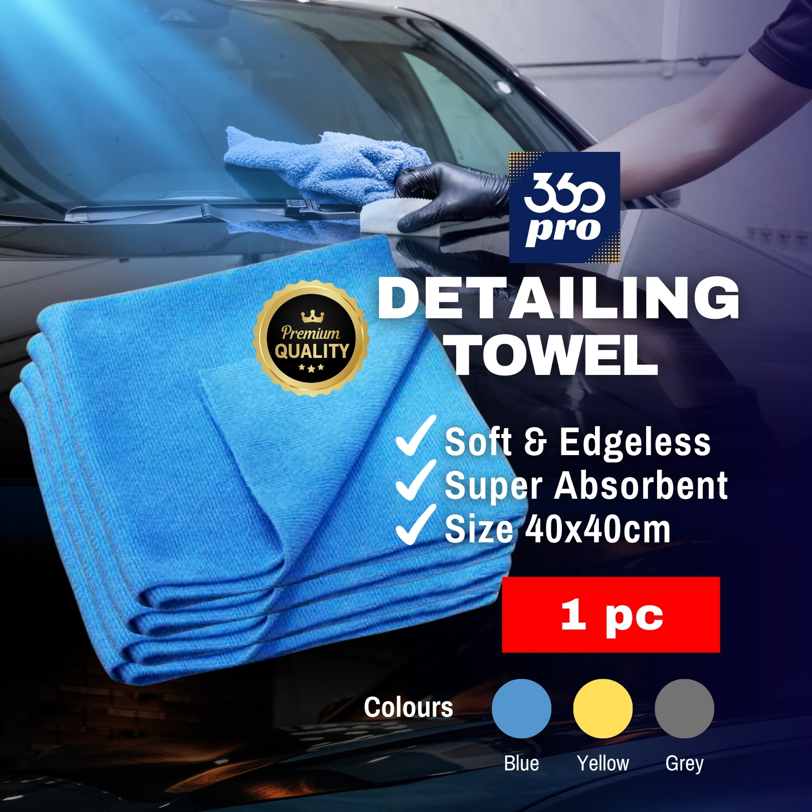 360Pro Premium Detailing Towel 40x40cm Kain Microfibre Soft Edgeless ...