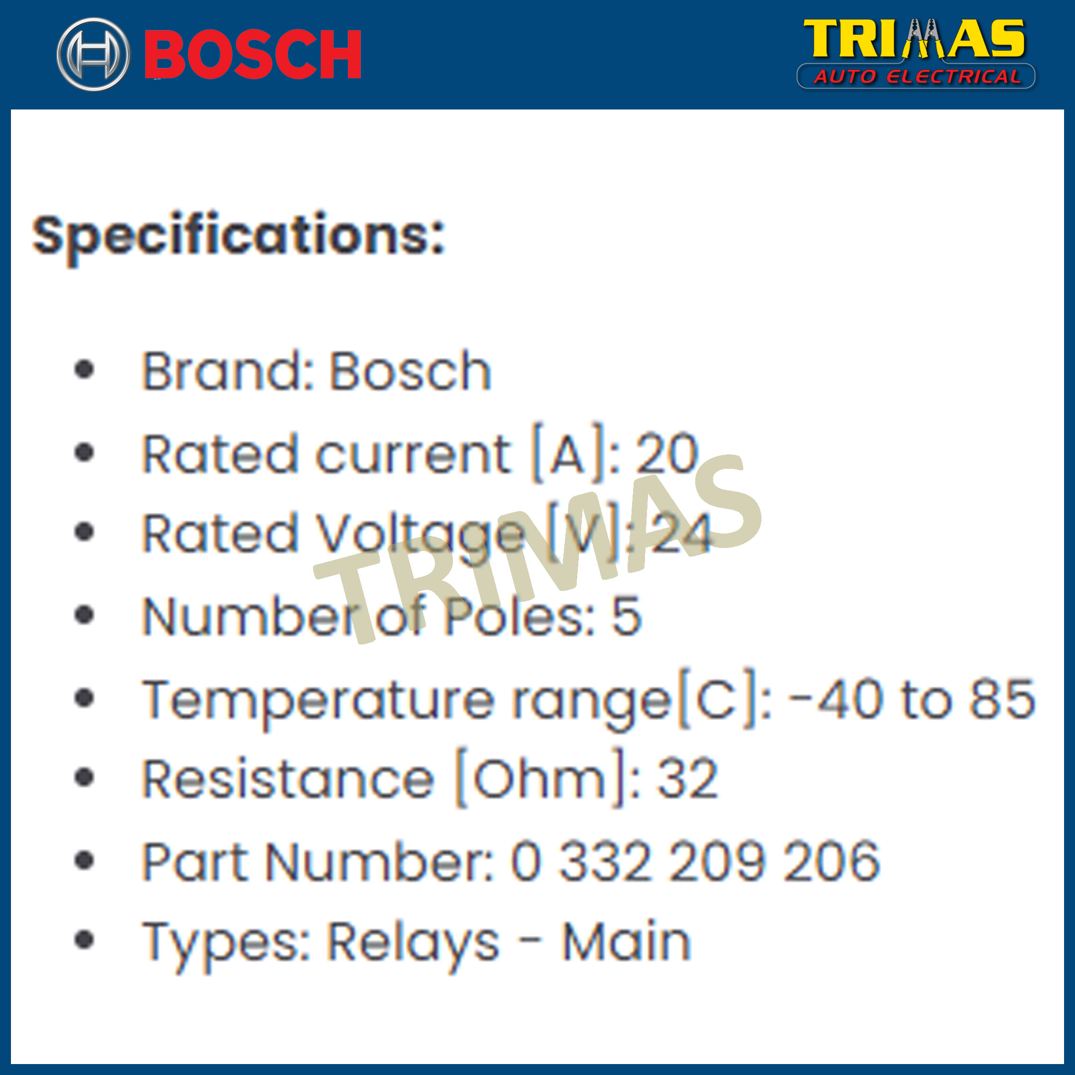 TRIMAS Original Robert Bosch Miniature Main Current Relay 24V 20A 87a ...