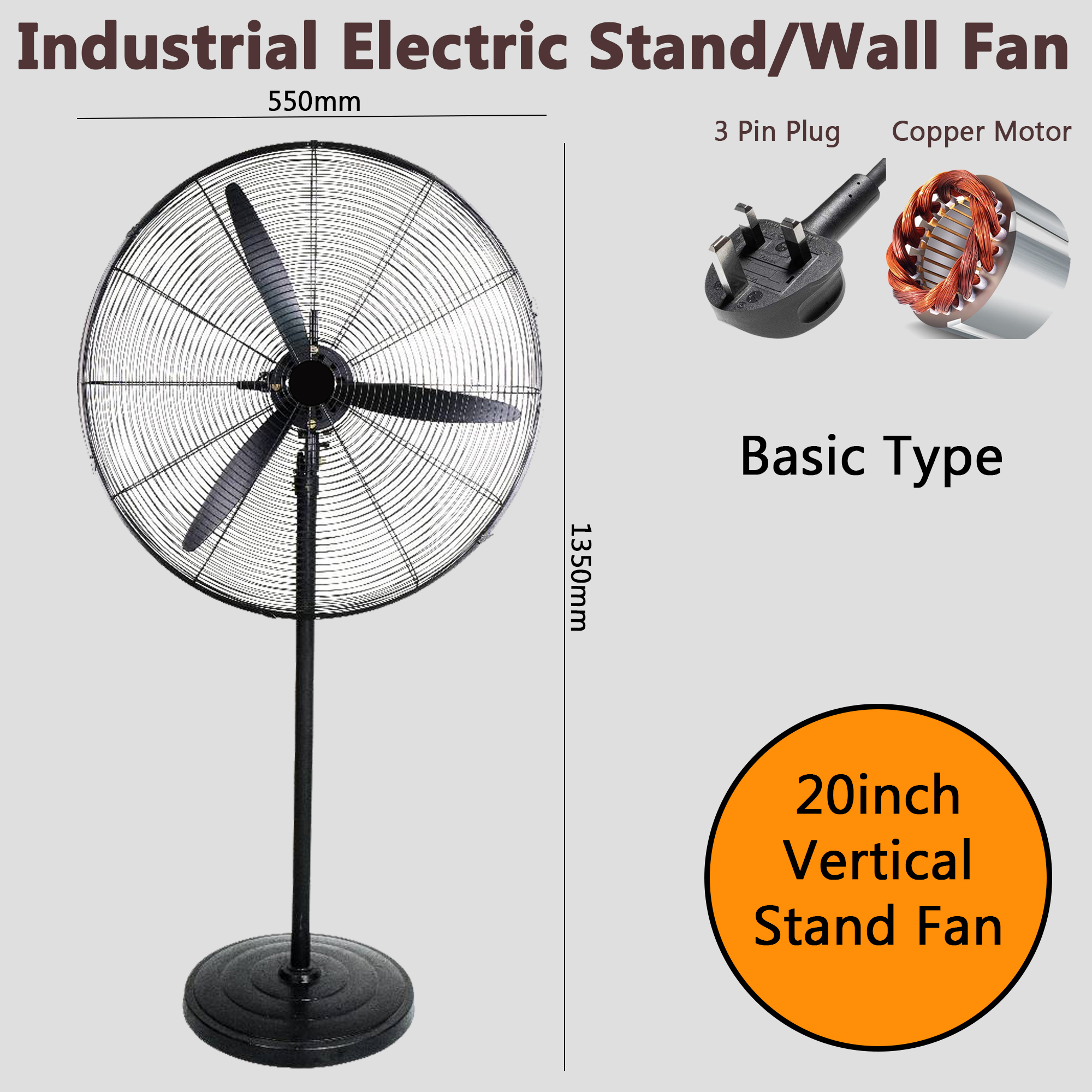 3H 20-inch 26-inch Copper Metal Clad Industrial Electric Stand Fan Wall ...