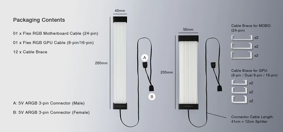 Tecware Flex ARGB Extension Cables - Black / White # TWAC-FLEX-BKAR ...