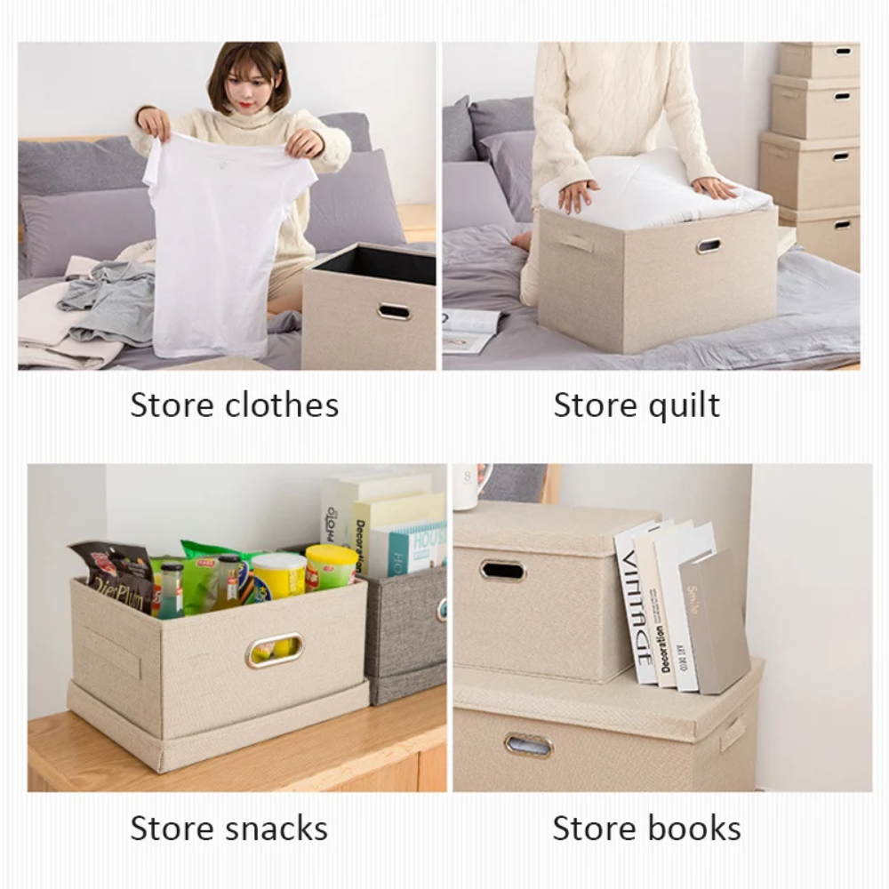 Fabric Storage Box with lid Foldable Organizer Box with handle Clothes ...
