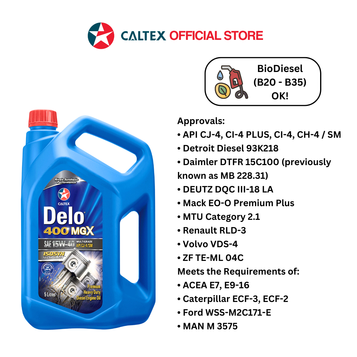 CALTEX Delo 400 MGX SAE 15W-40 API CJ-4/SM (5 Liters) 15W40 Heavy Duty ...