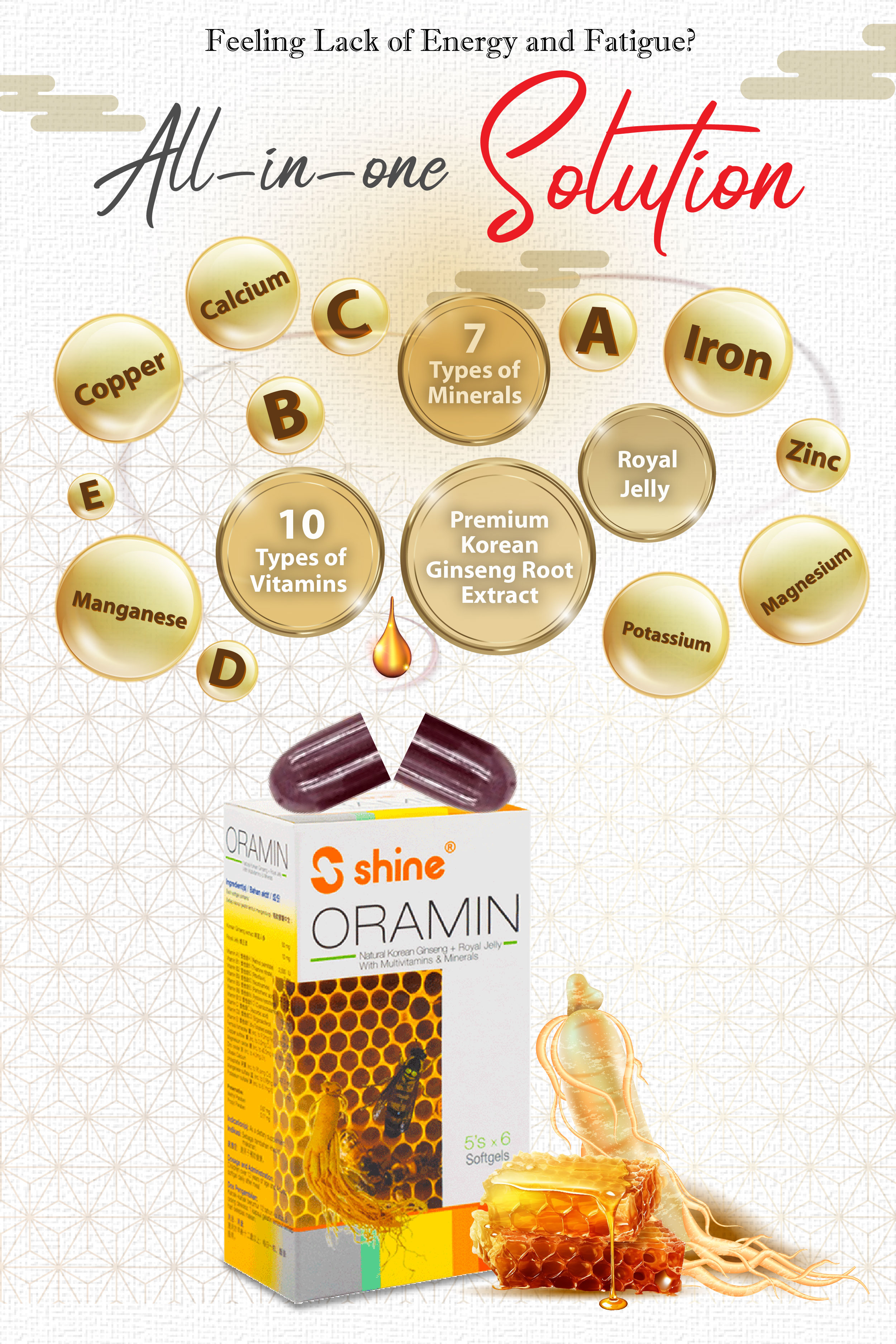 Shine Oramin Multivitamin Softgel Korean Ginseng and Royal Jelly Energy ...