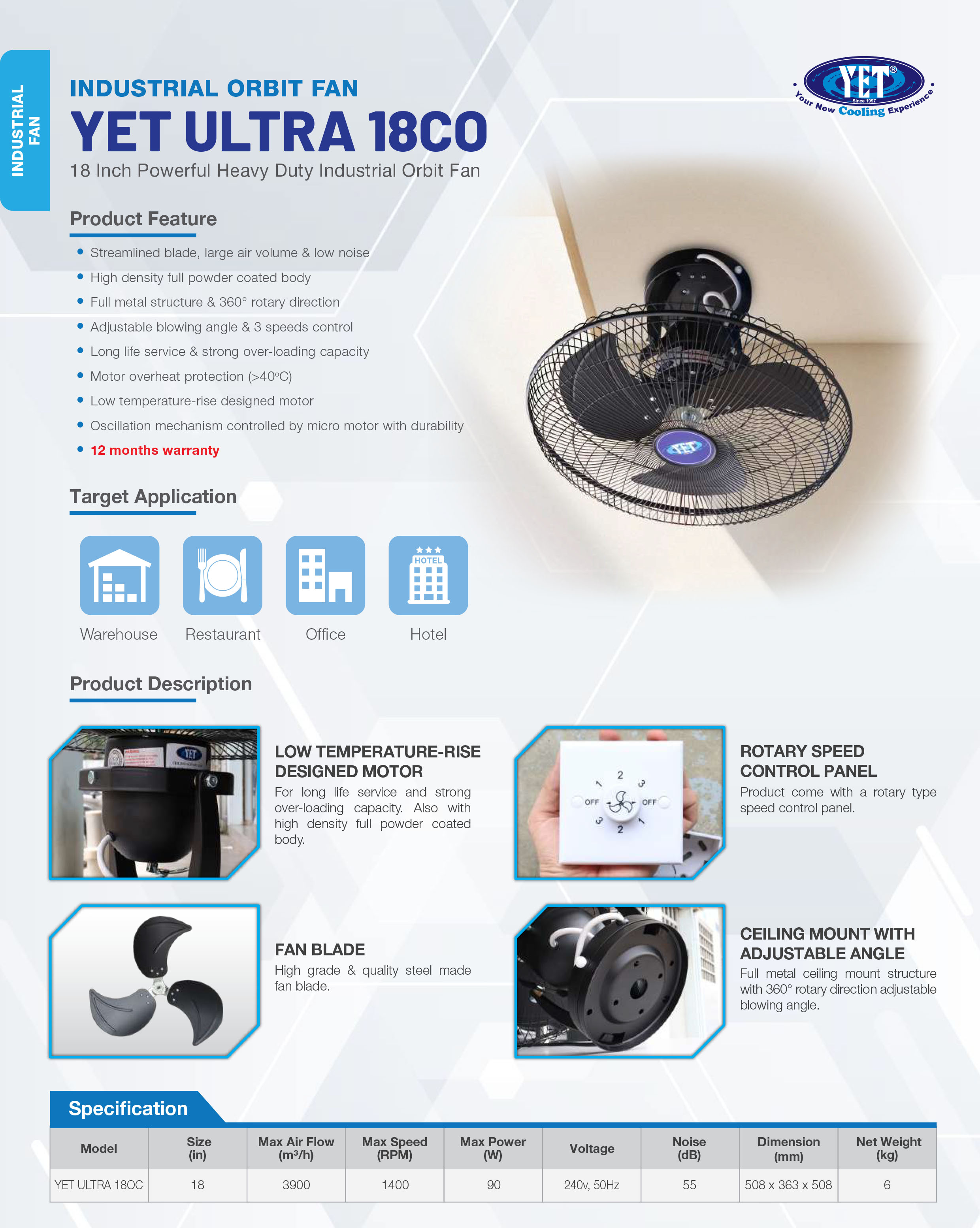 YET Ultra 18CO 18" Inch Heavy Duty Industrial Orbit Fan with 360 ...