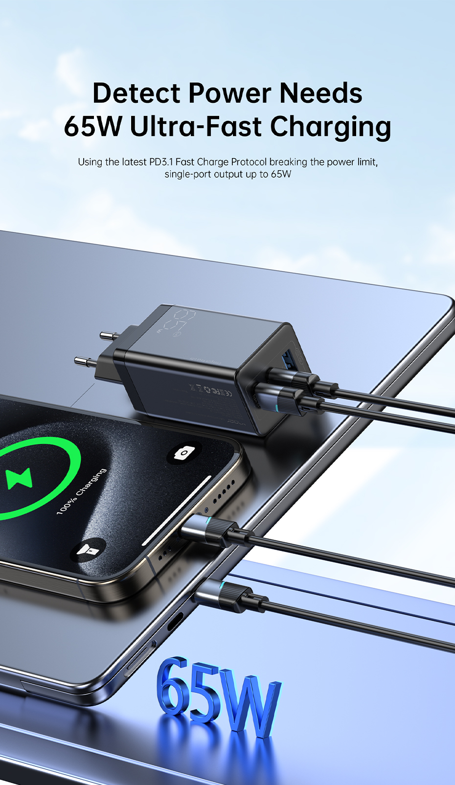 Vyvylabs GaN 65W Charger Foldable 1A 2C 3 Ports PD3.1 Laptop Charging ...