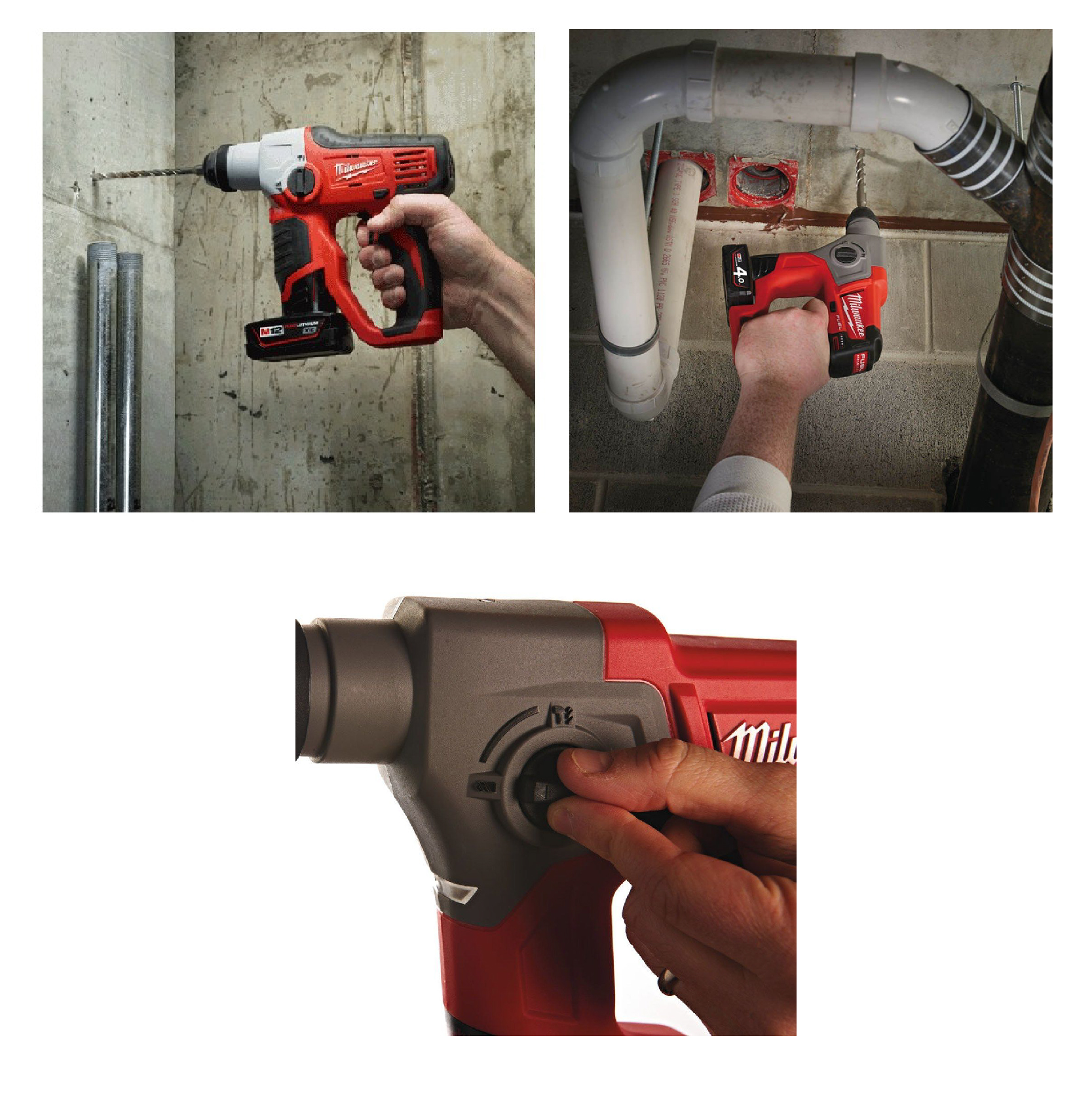 MILWAUKEE M12 Combo M12CH SDS-Plus Hammer M12FID2 Impact Driver M12FPD2 ...