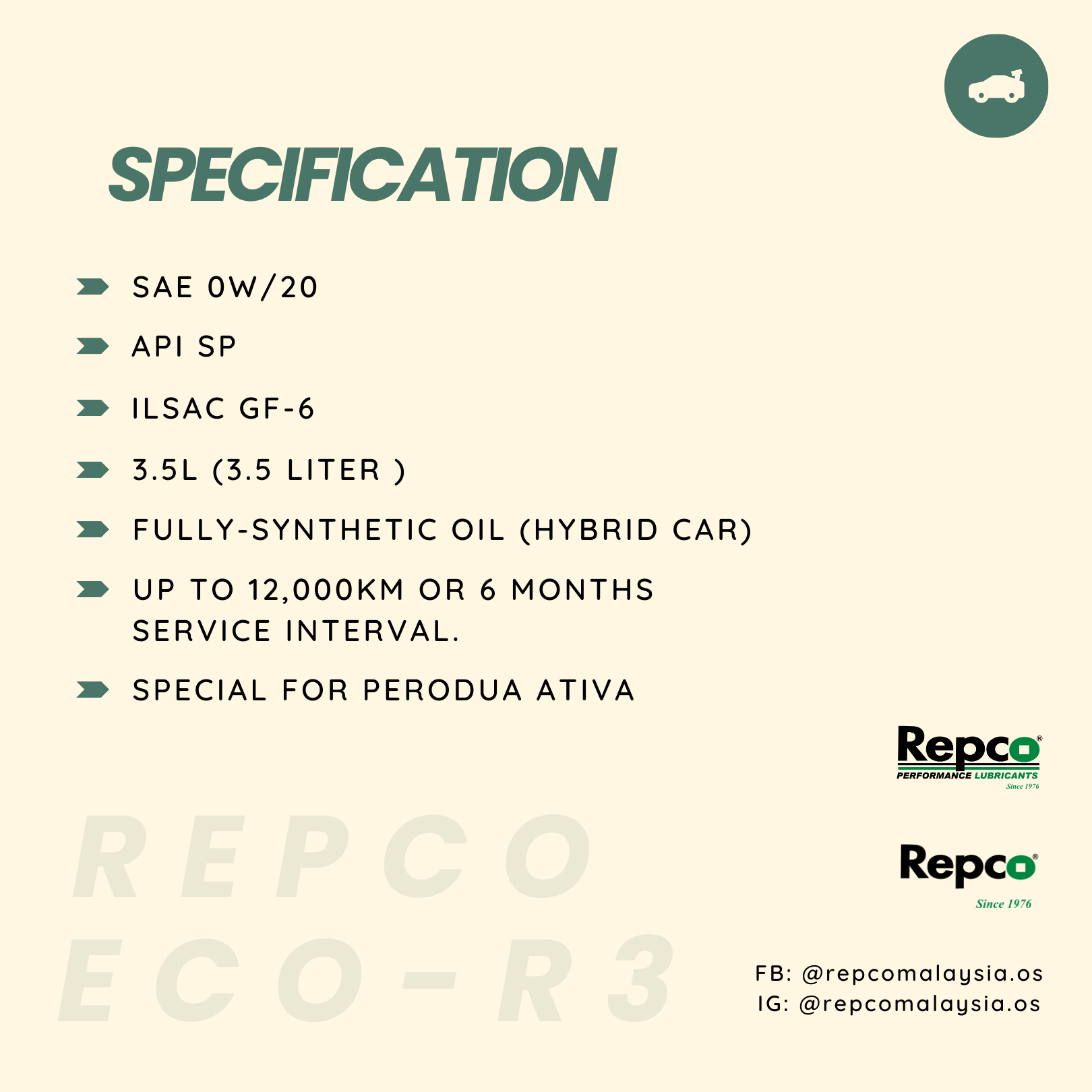 Repco® ECO-R3 0W/20 (3.5L) API SP ILSAC GF-6 Premium Fully Synthetic ...