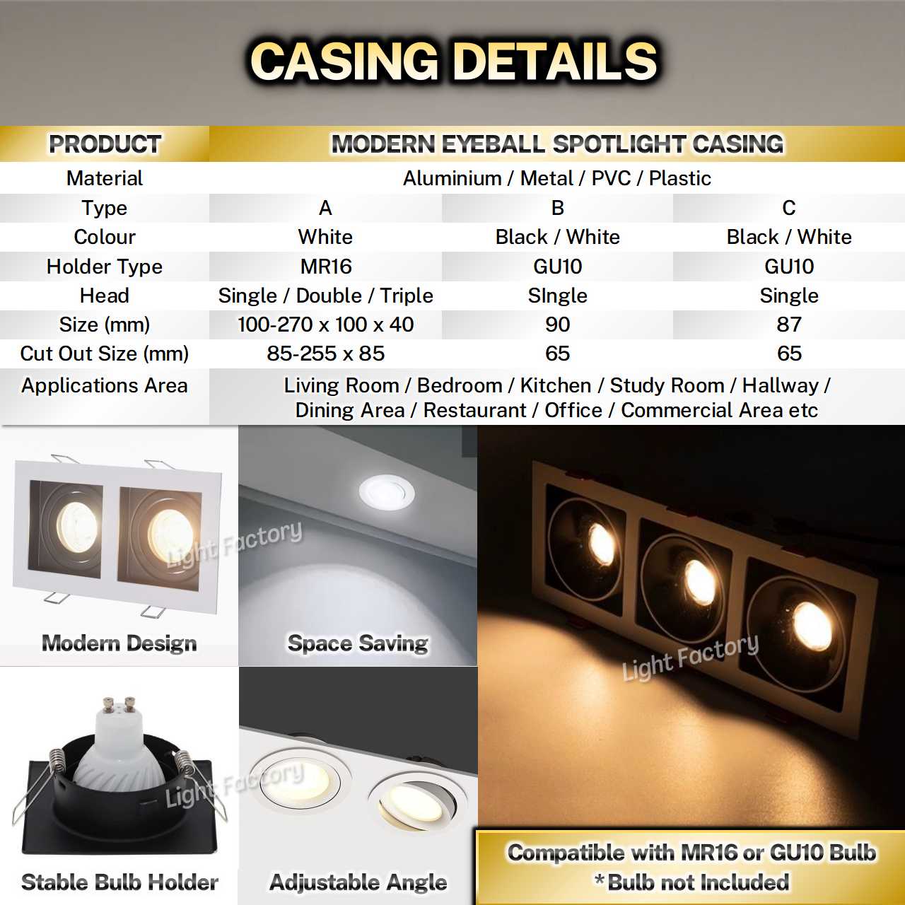 Eyeball Fitting GU10 MR16 Recessed Casing Round / Square Eyeball Frame ...
