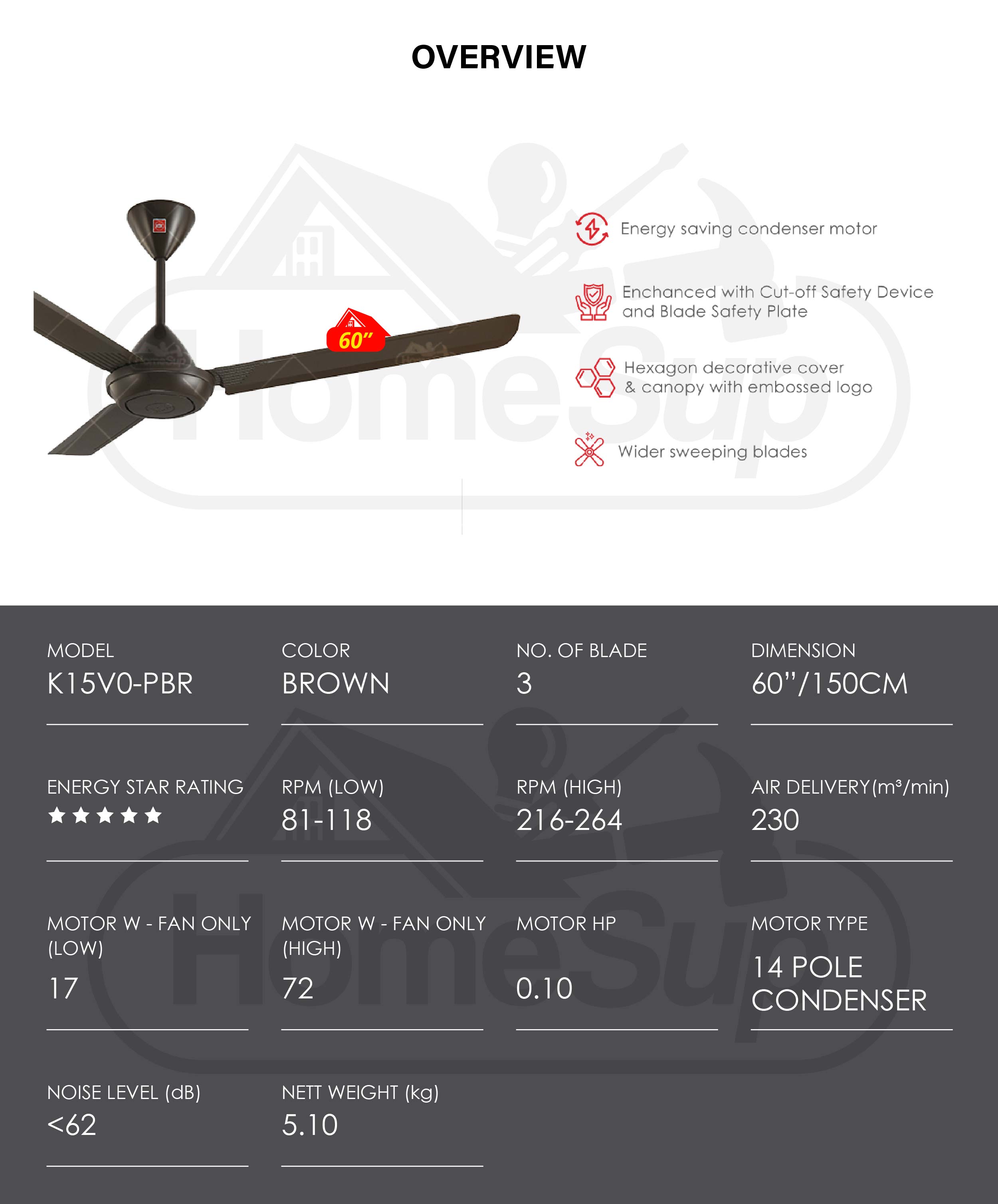 KDK K15v0-pbr Ceiling Fan – 60 Inch, Regulator, Brown | Twin Pack (2 ...