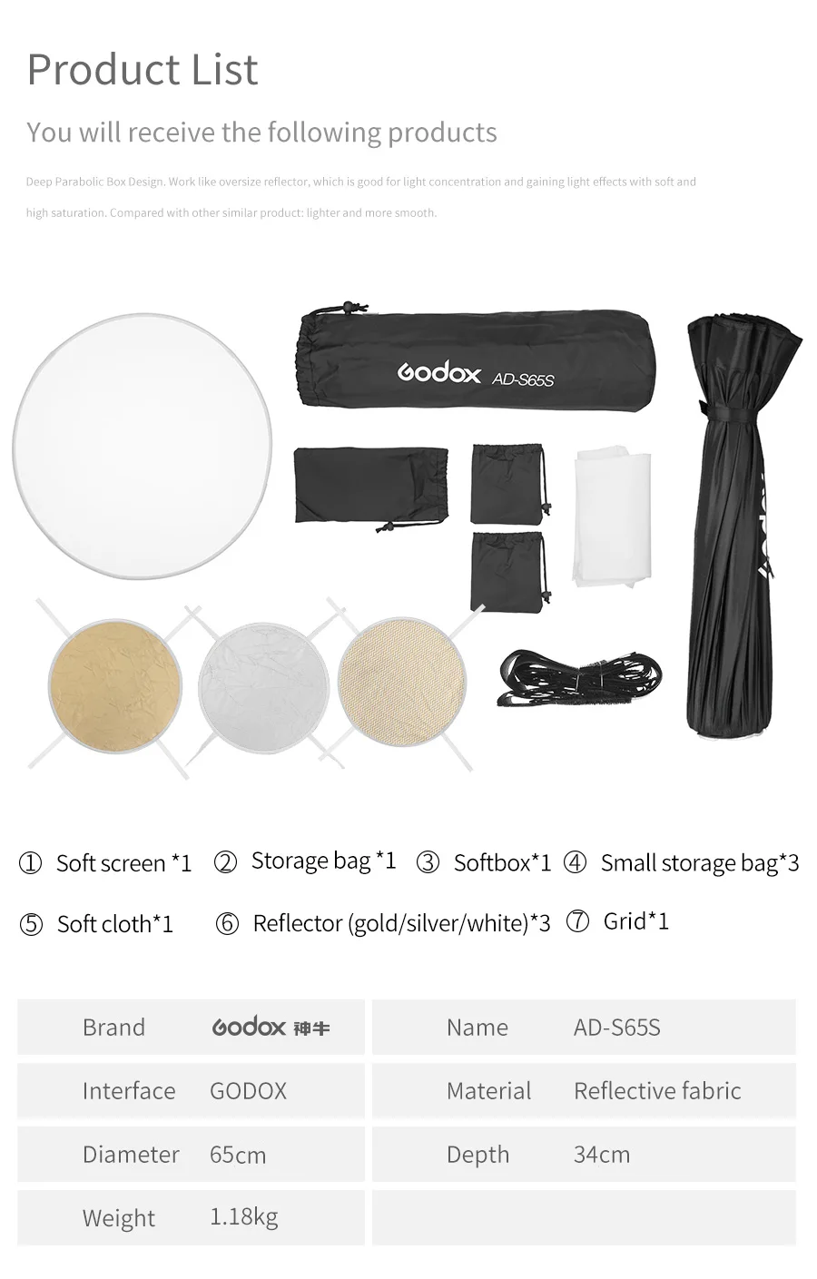 Godox AD-S65S ADS65S 65cm Silver Deep Parabolic Softbox with Honeycomb ...