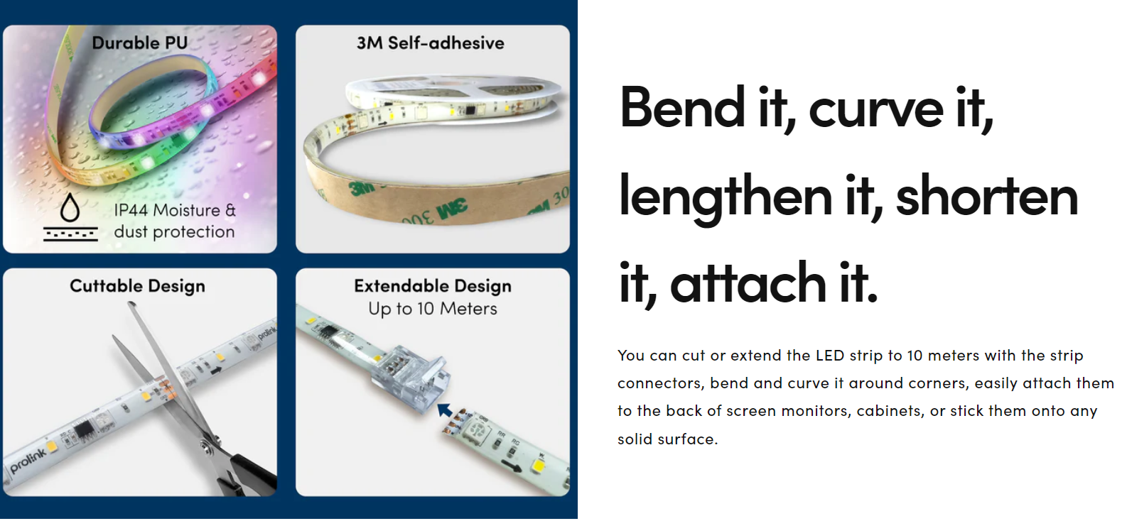 Prolink 2M RGBIC Smart LED Strip IP44 Water Resistant Colour Adjustable ...