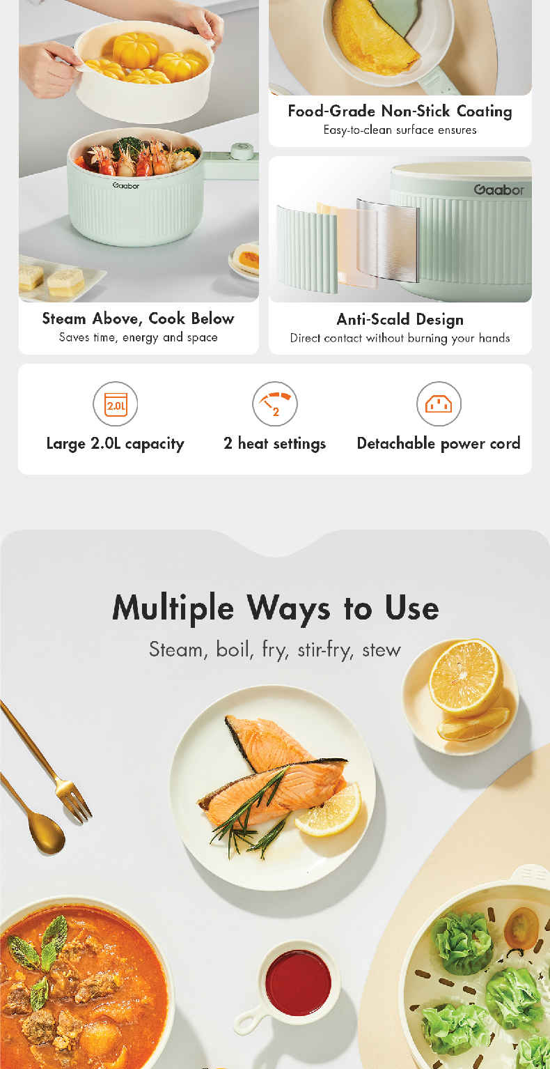 Gaabor 2L Electric Cooker Multifunctional Electric Skillet Hot Pot Non ...