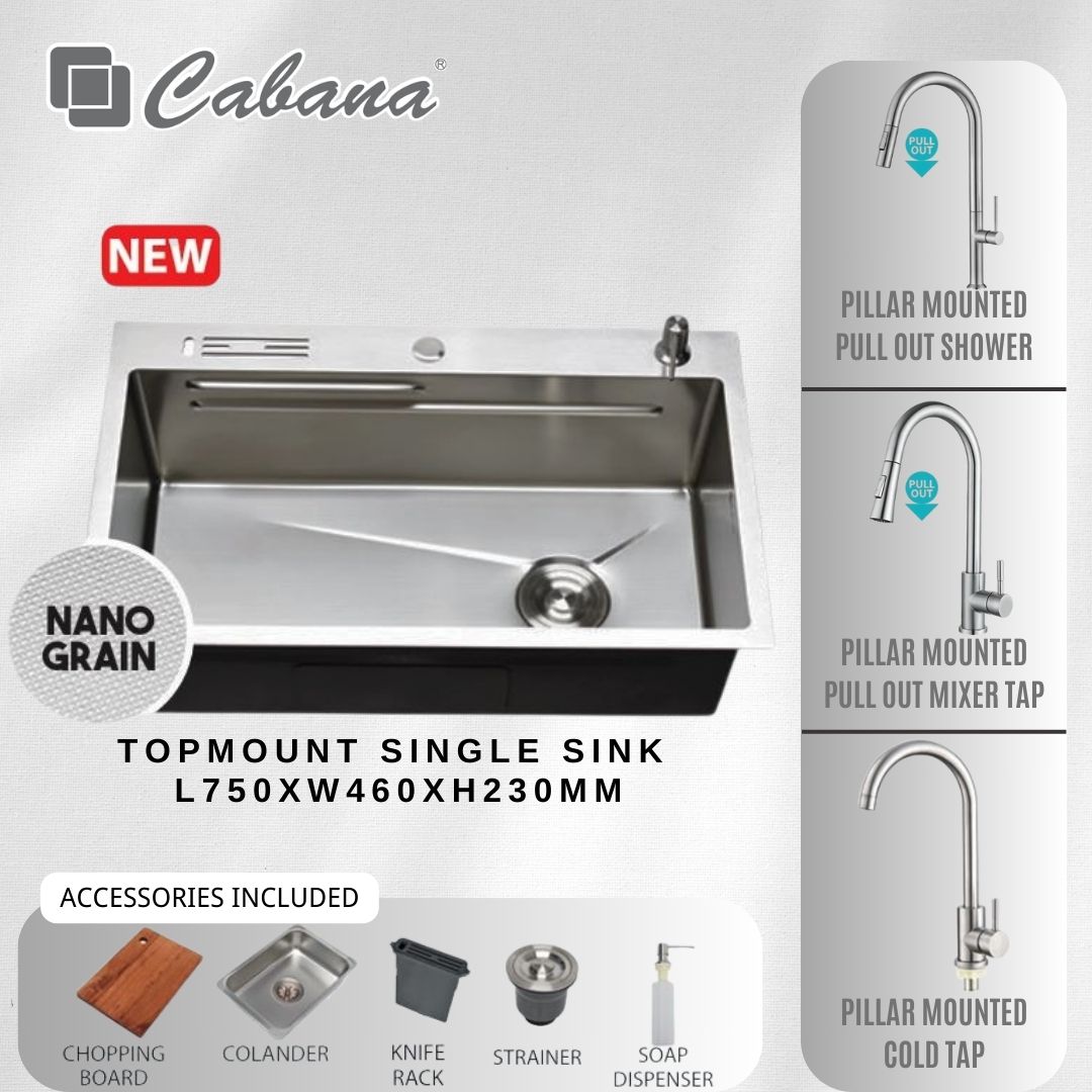 CABANA Top Mount Nano Grain 750x460 Single Bowl Stainless Steel Kitchen ...