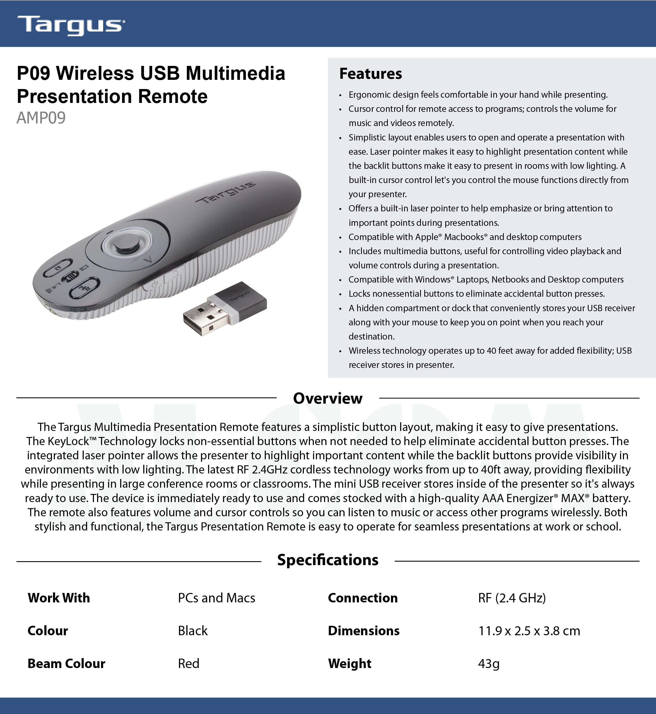 TARGUS AMP09 Wireless Presentation Remote with 2.4GHz Connectivity ...
