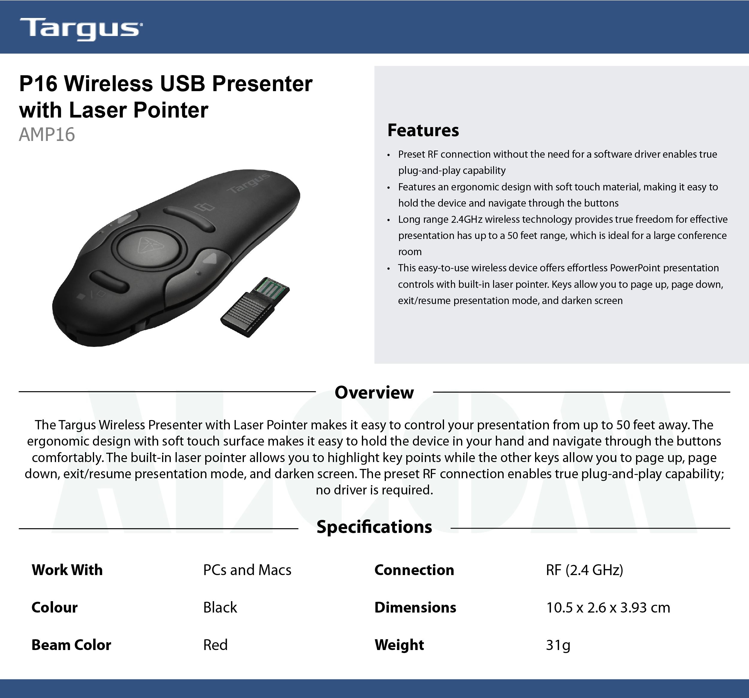 TARGUS AMP16 Wireless Presentation Remote with 2.4GHz Wireless, Laser ...