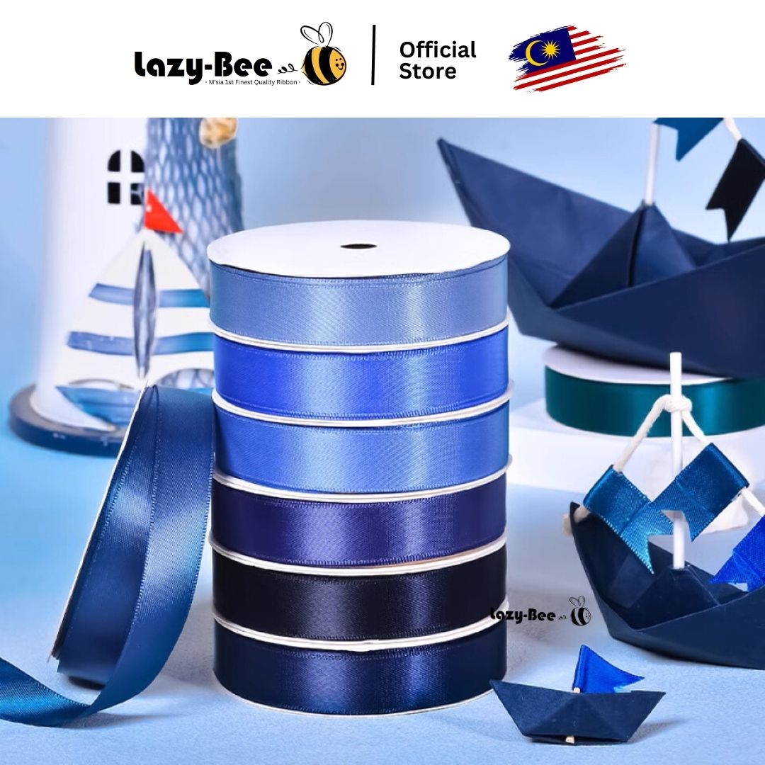BLUE BIRU 2.5cm 3.8cm 5cm Premium Double Face Satin Ribbon Craft ...
