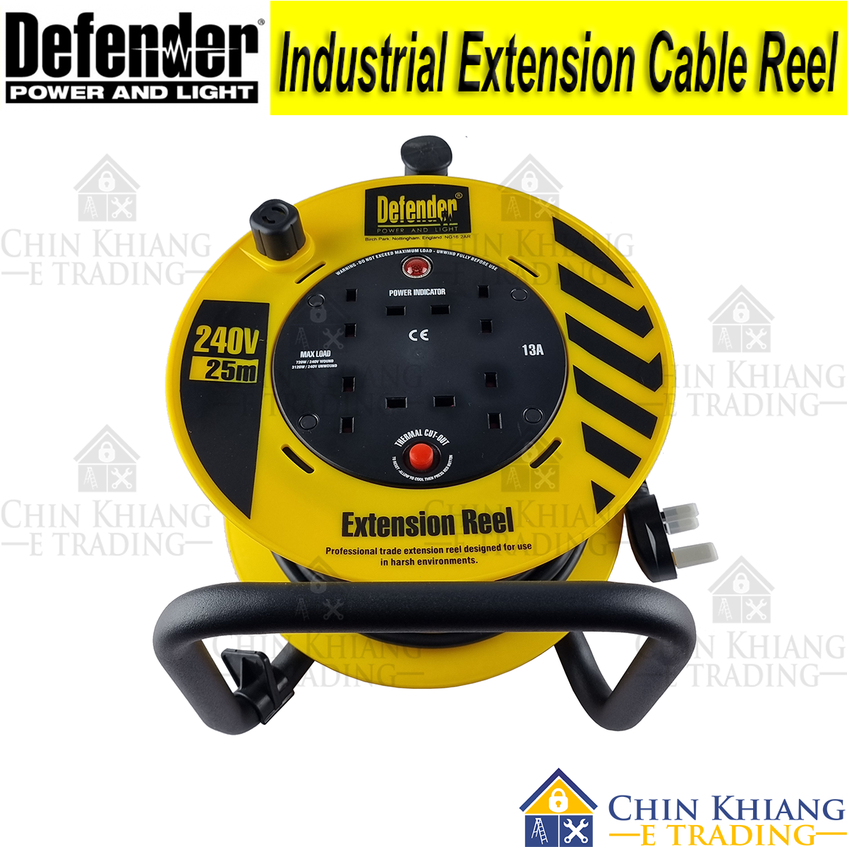 Defender 25M 4-Way Industrial Extension Wire Cable Reel 240V 13A E86477 ...