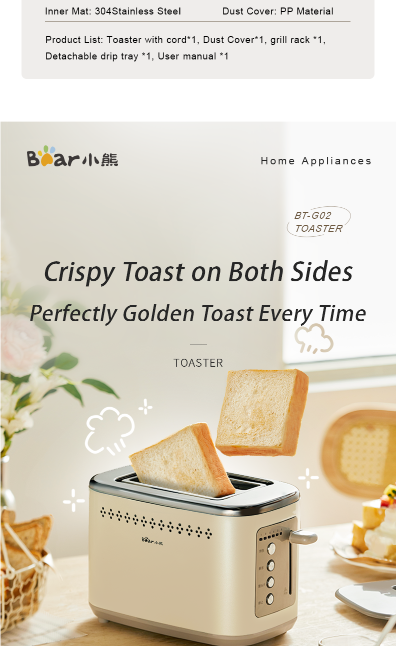 Bear 2 Slice Toaster with Lid (6 Heat Levels) | BT-G02 (Stainless Steel ...