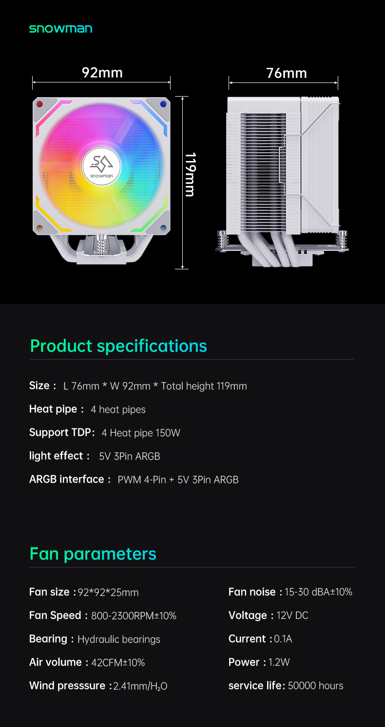 Snowman MX94-V3 Black White ( ARGB ) 9CM Tower CPU Cooler Heatsink ...