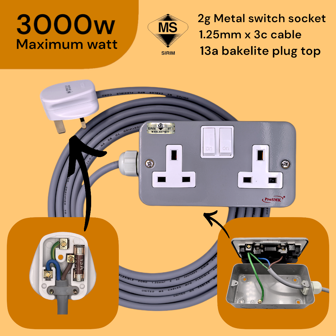 **HEAVY DUTY** 3000 WATT 2 GANG METAL SWITCH SOCKET COMPLETE 5 METER ...