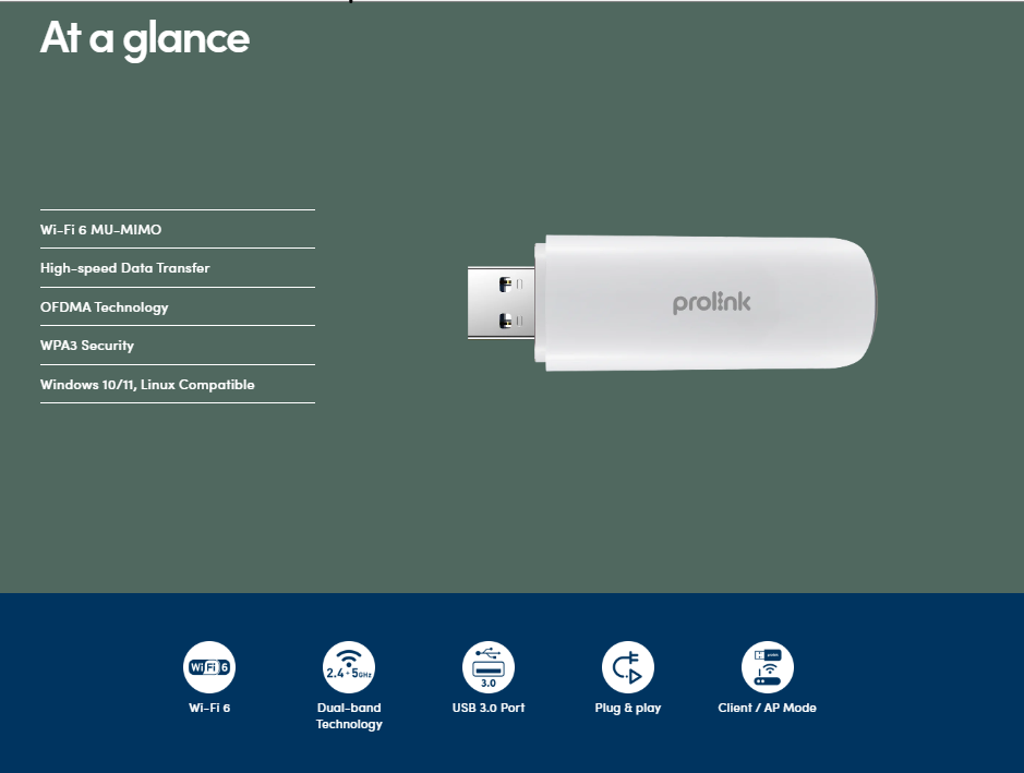Prolink AX1800 WiFi 6 Dual-band Wireless USB Adapter( 2.4Ghz + 5Ghz ) MU-MIMO | Up to 1800Mbps ...